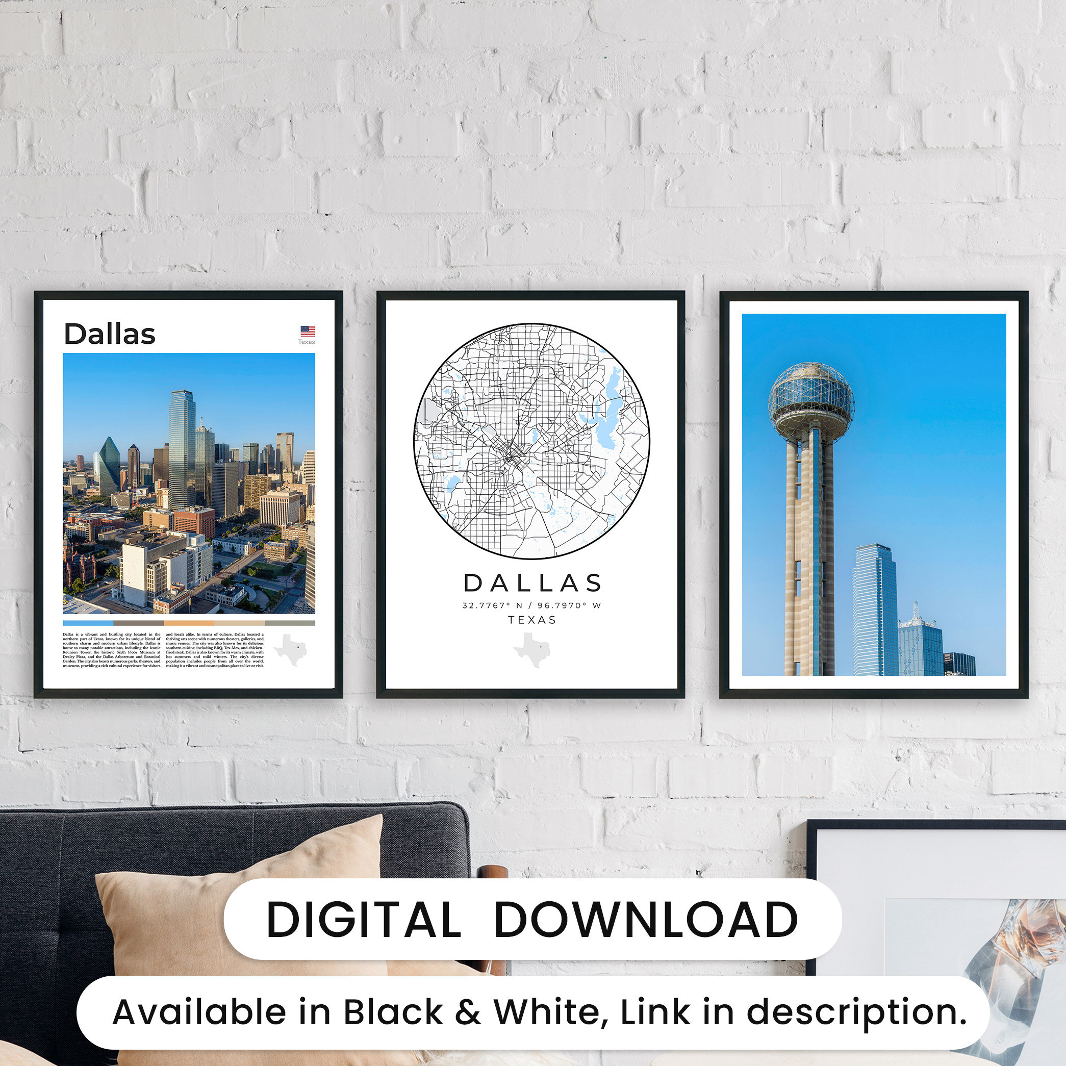 Digital Dallas Texas Print Set of 3, Dallas Texas Map, Dallas Wall Art ...