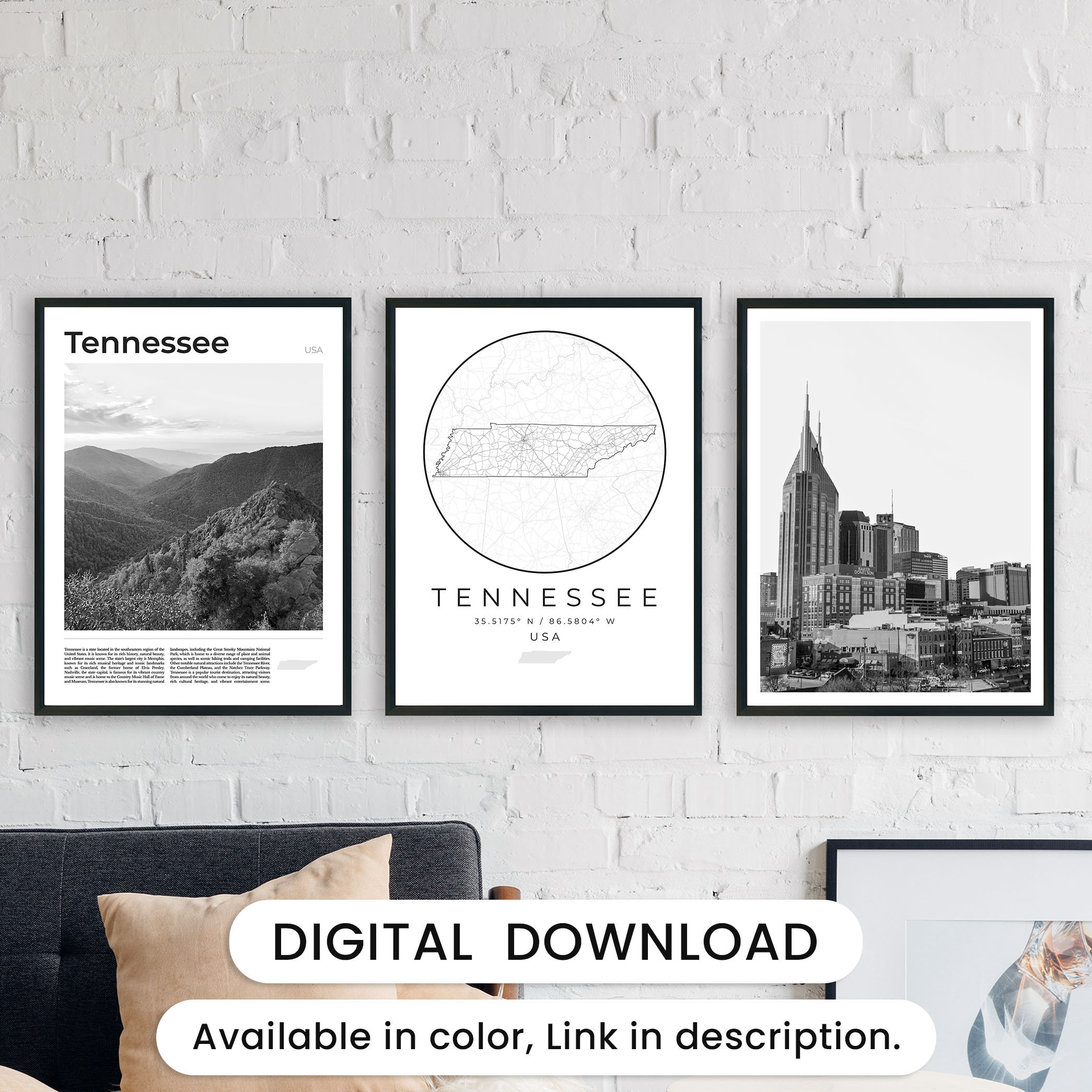 Digital Tennessee Black and White Print Set of 3, Tennessee Map ...