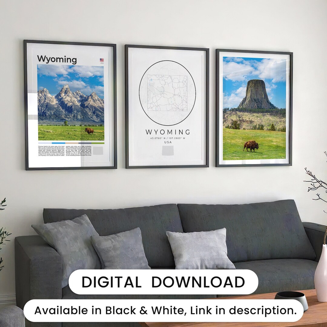 Digital Wyoming Print Set of 3, Wyoming Map Art, Wyoming Poster ...