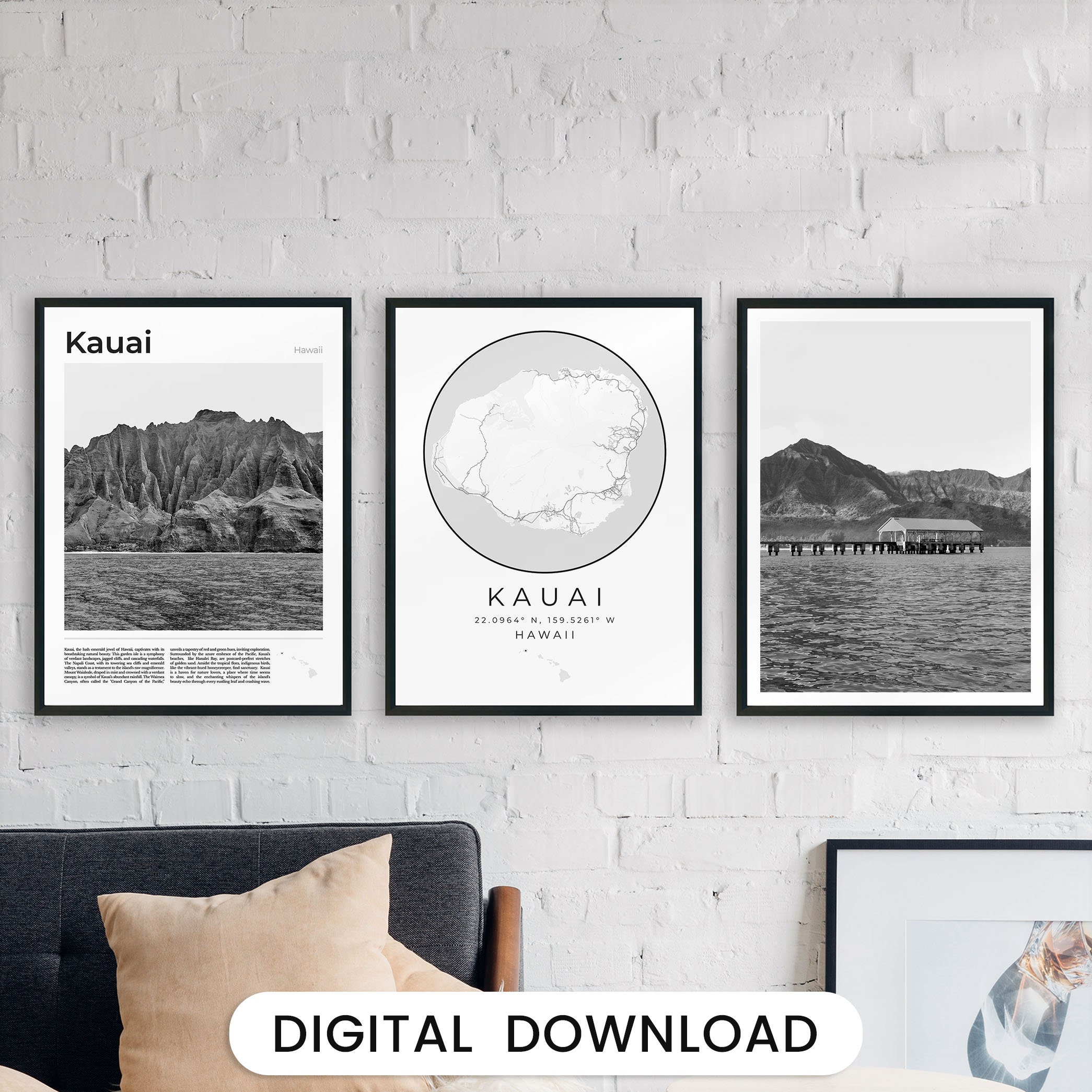 Digital Kauai Black and White Print Set of 6 Kauai Map Decor - Etsy
