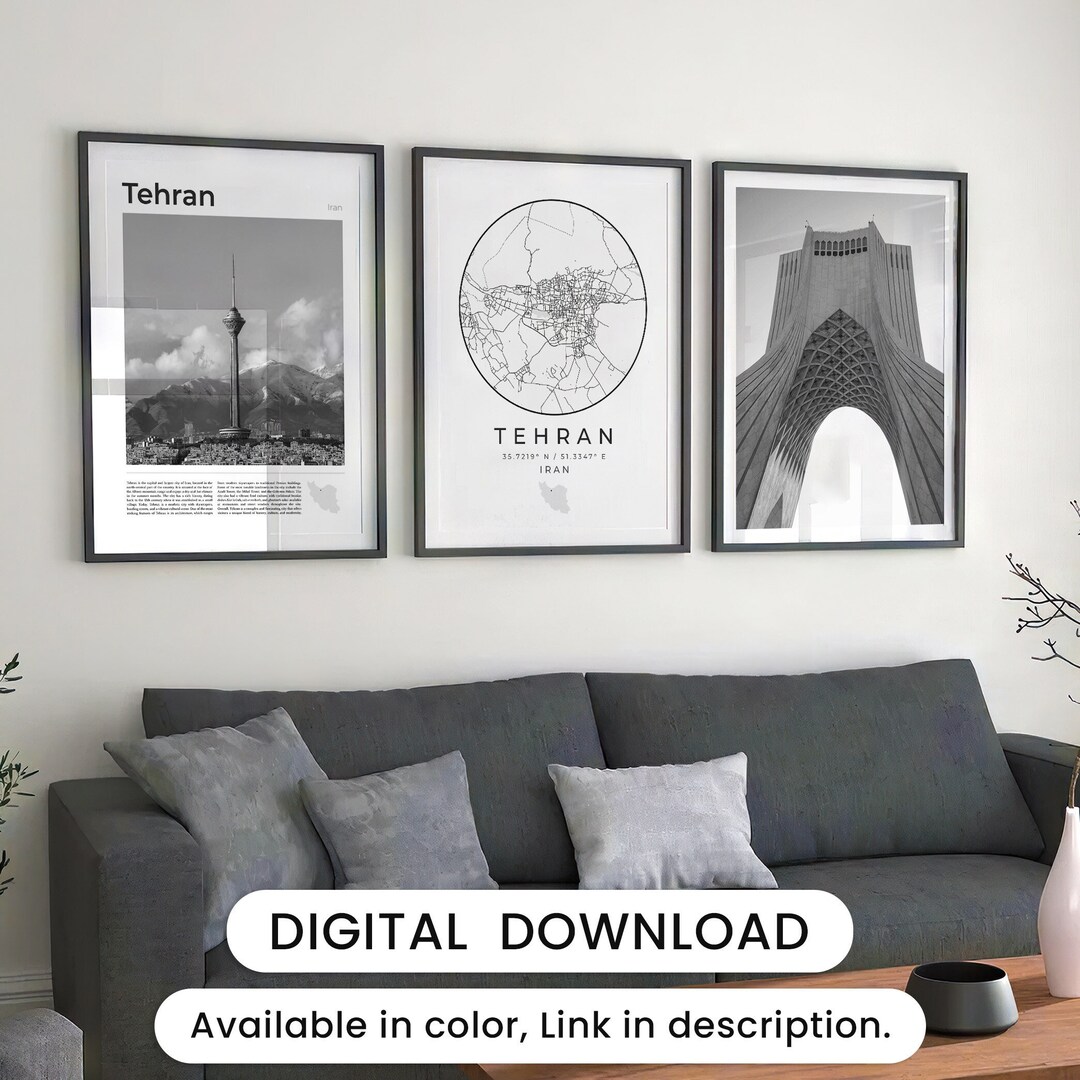 Digital Tehran Black and White Print Set of 3, Tehran Map Wall Art ...