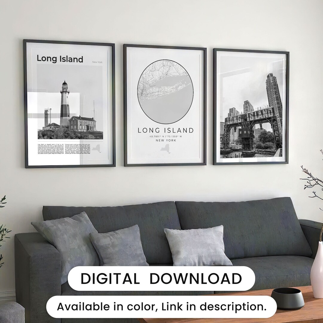 Digital Long Island Black and White Print Set of 3, Long Island Map ...