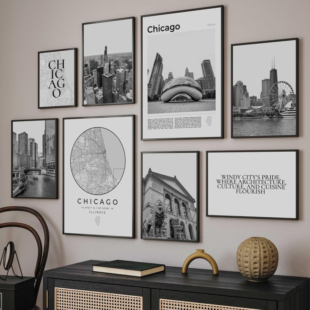 Chicago Wall Art Set of 8, Chicago Map Prints, Windy City Gallery ...