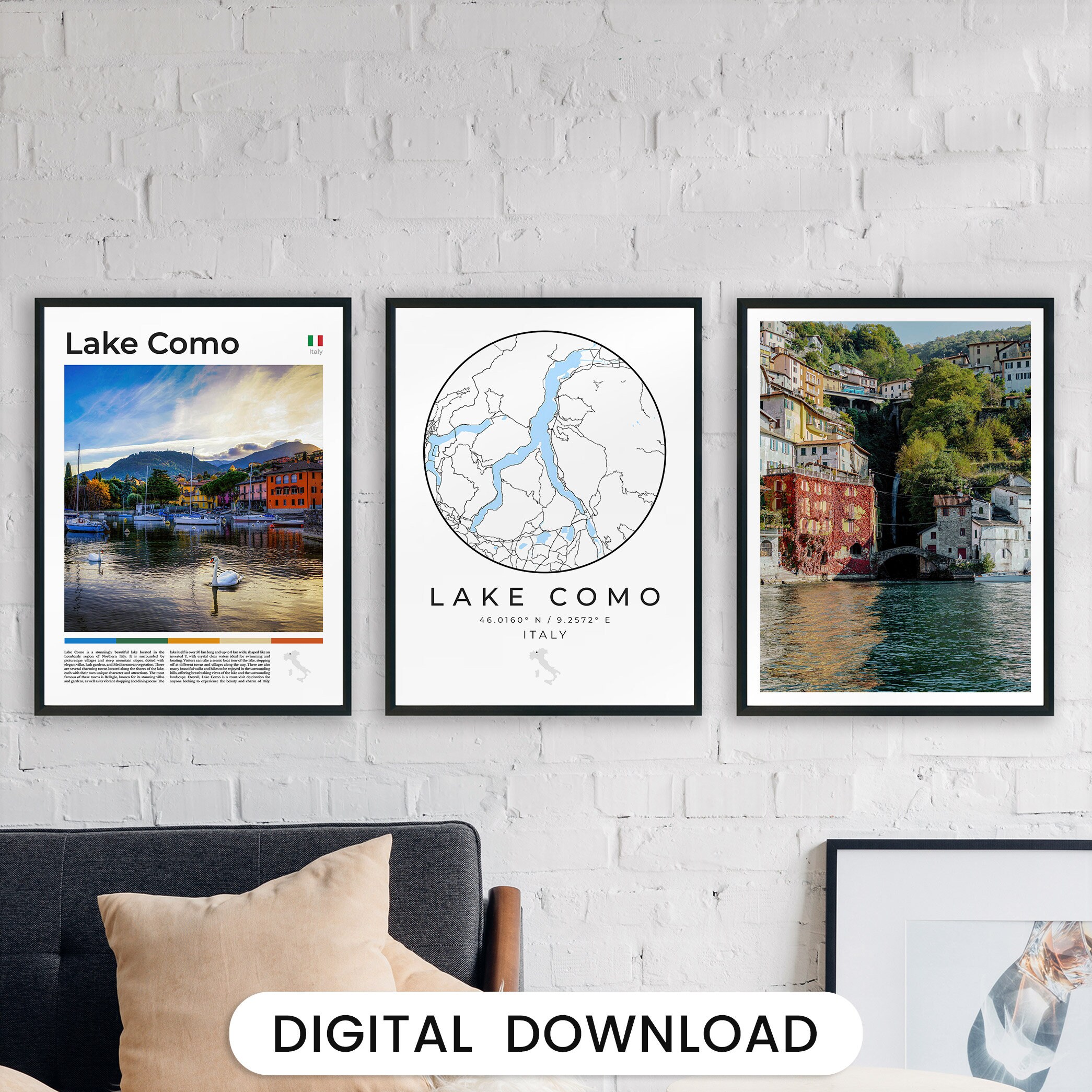 Digital Lake Como Print Set of 3, Lake Como Map Art, Lake Como Poster ...