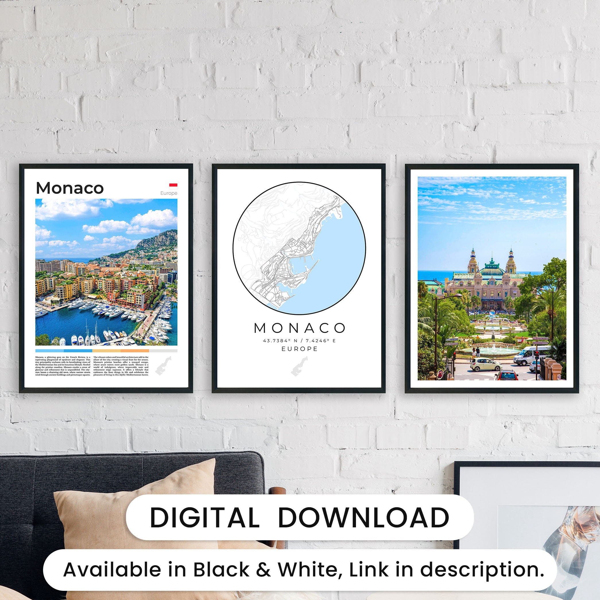 Digital Monaco Print Set of 3, Monaco Map, Monaco Poster, Monaco Wall ...