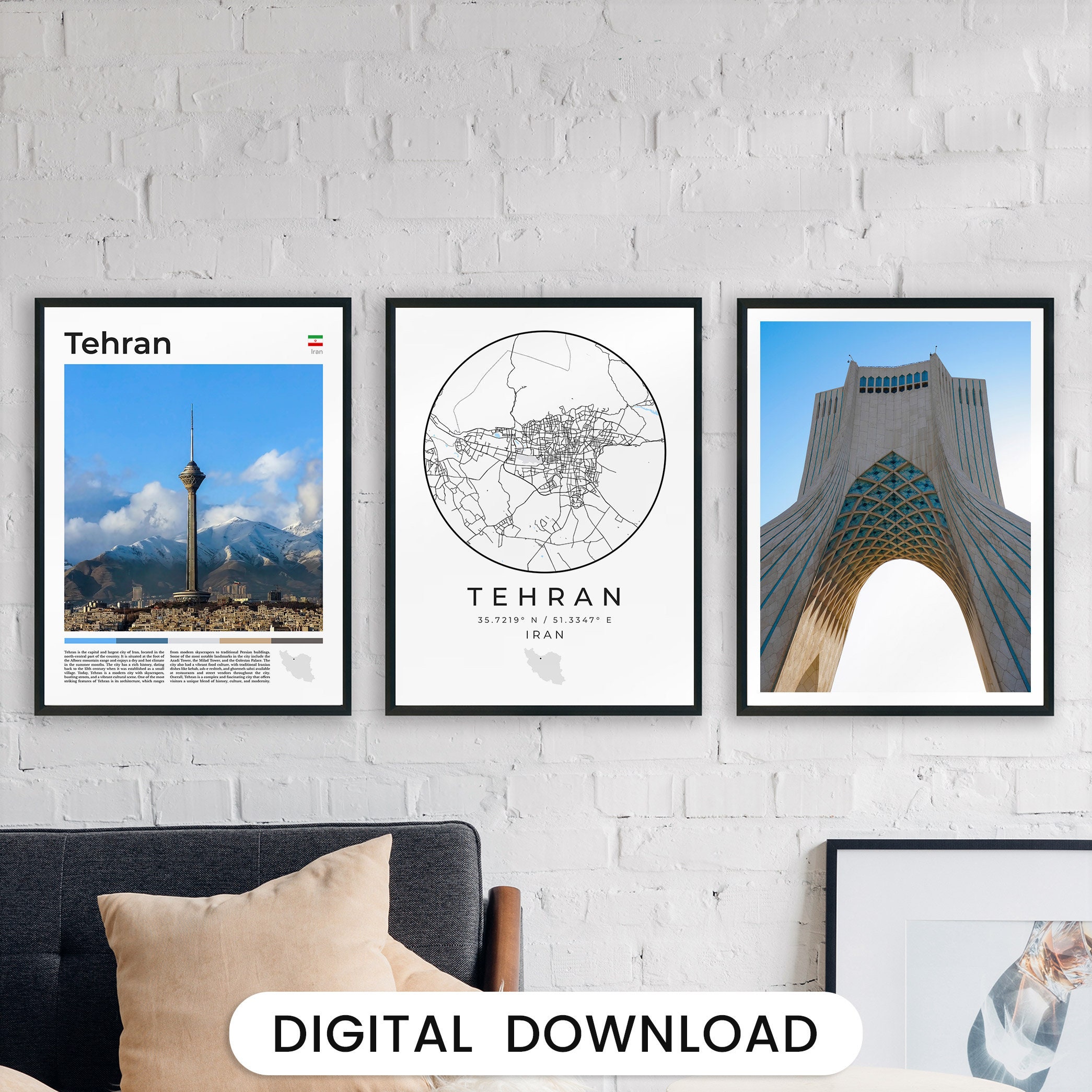 Digital Tehran Print Set of 3, Tehran Map Wall Art, Tehran Poster, Iran ...