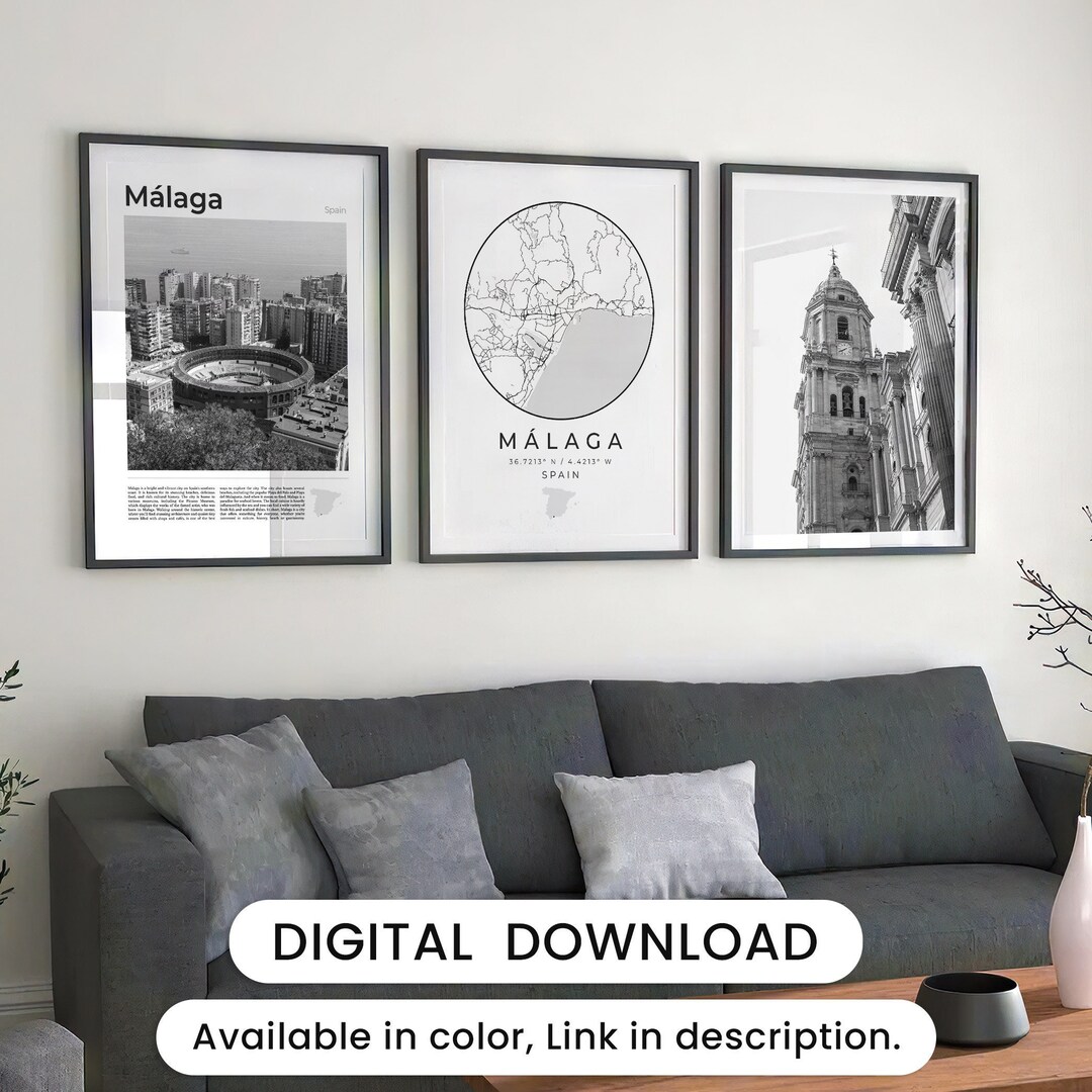 Digital Malaga Black and White Print Set of 3, Malaga Wall Art, Malaga ...