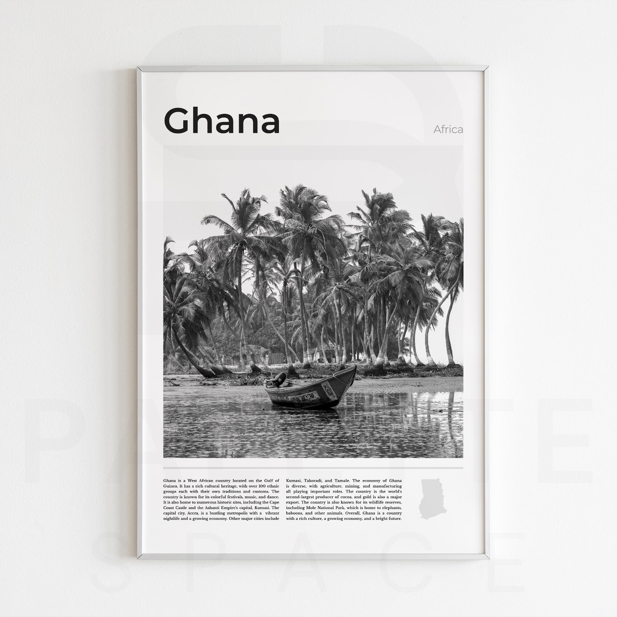Digital Ghana Black and White Print Set of 3, Ghana Map, Ghana Poster ...