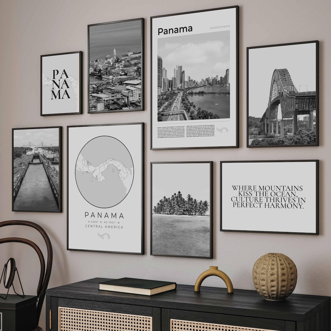 Digital Panama Print Set of 8, Black and White Panama Map Artwork ...