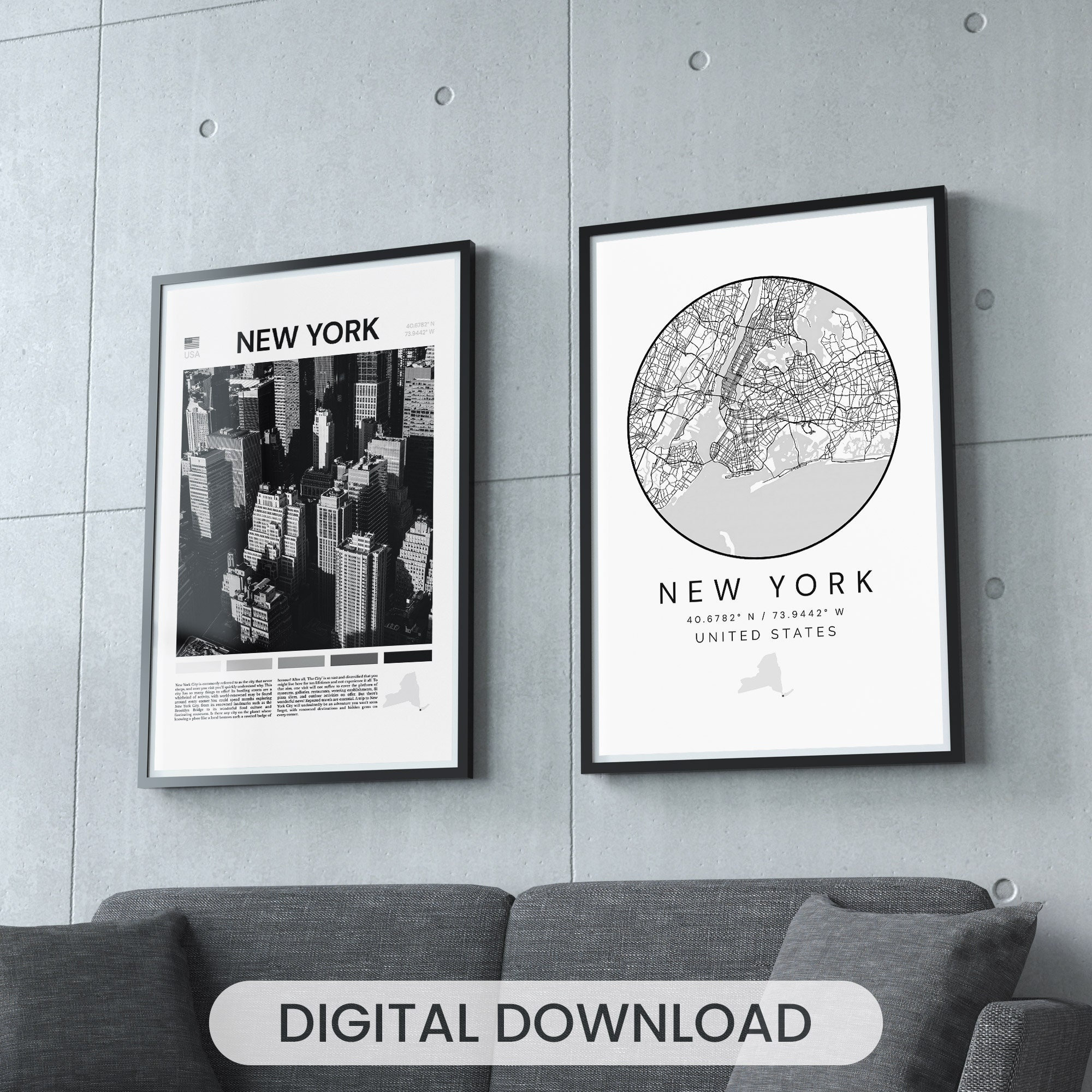 Digital New York City Print, New York Black and White Skyline, New York ...