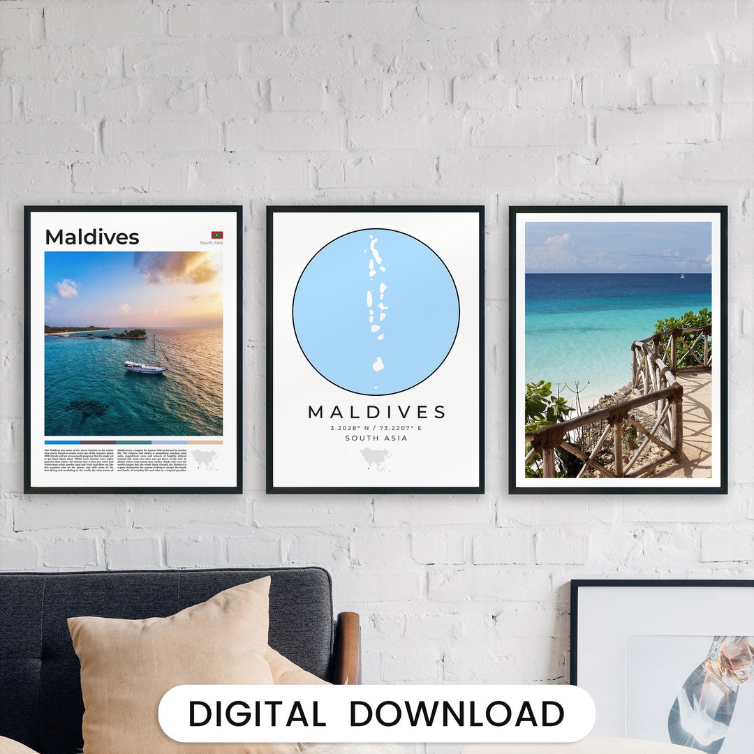 Digital Maldives Print Set of 3 Wall Art, Maldives Map Art, Maldives ...