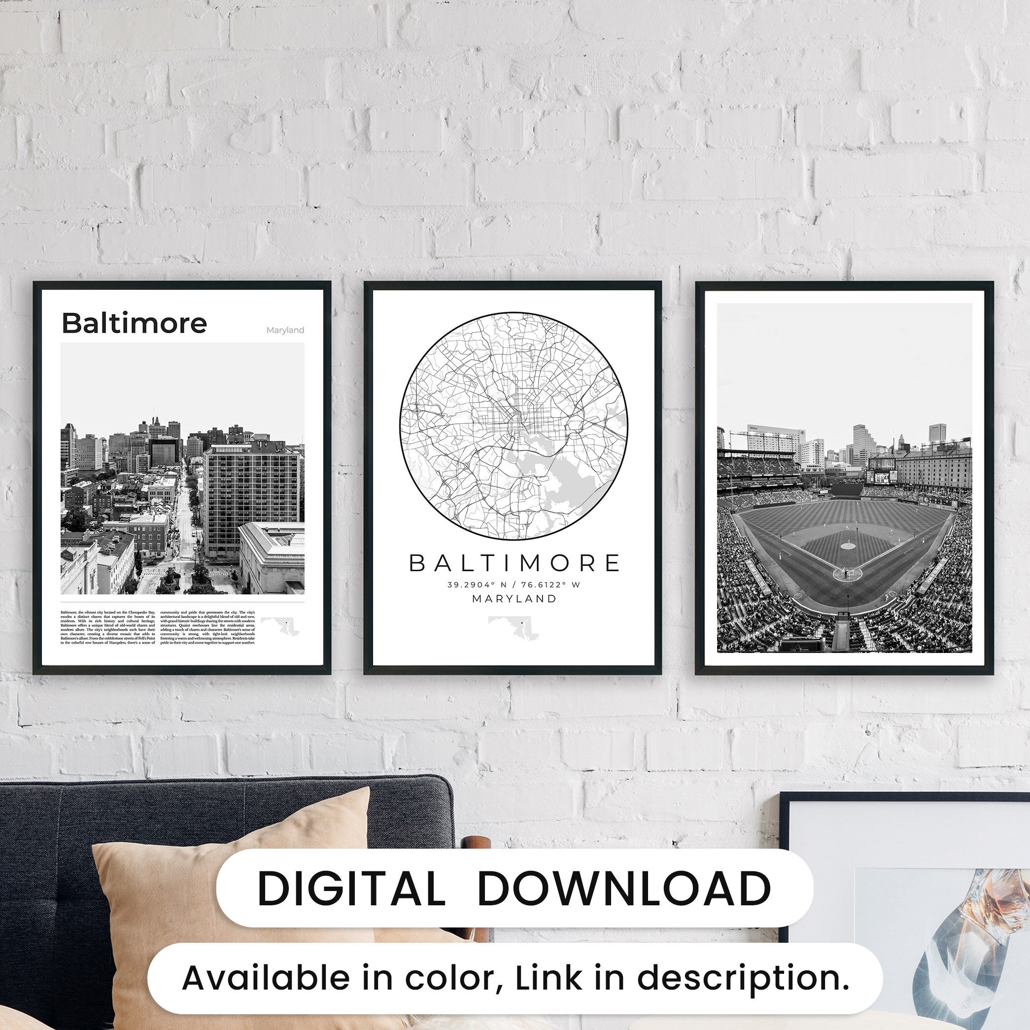 Digital Baltimore Black and White Print Set of 3, Baltimore Map ...