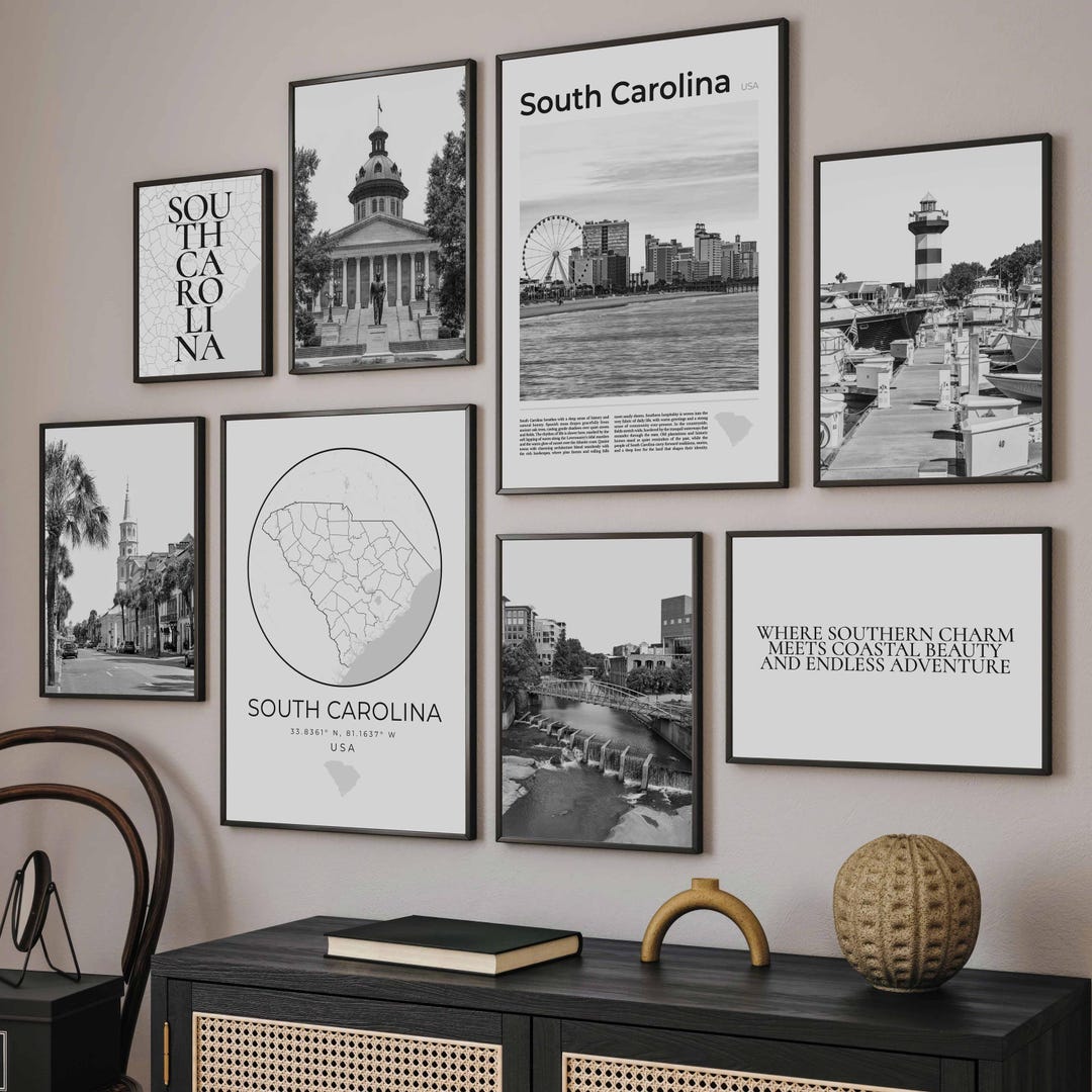 South Carolina Prints Set of 8, Black and White South Carolina Map ...