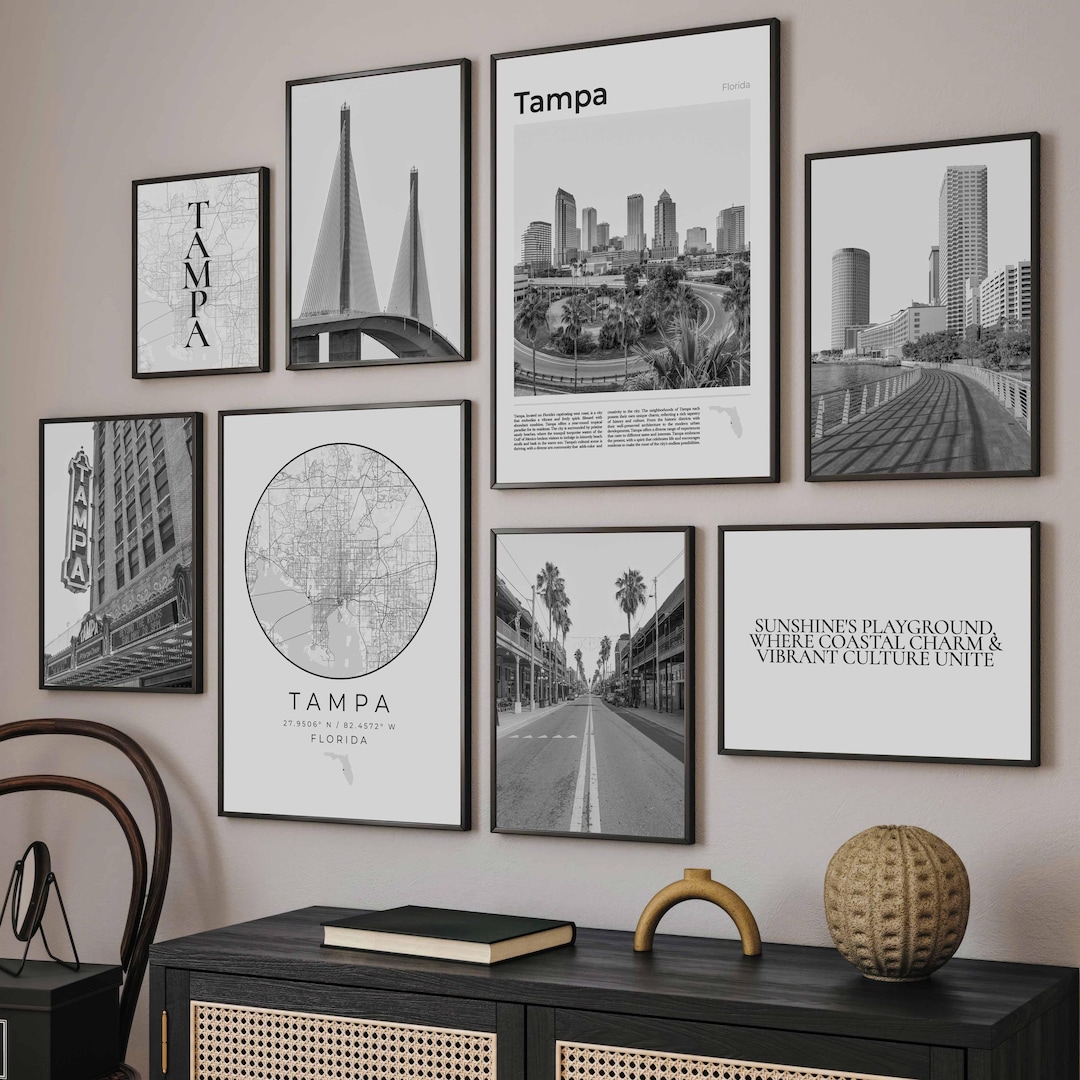 Tampa FL Prints Set of 8, Tampa Wall Art Pictures, Black and White ...