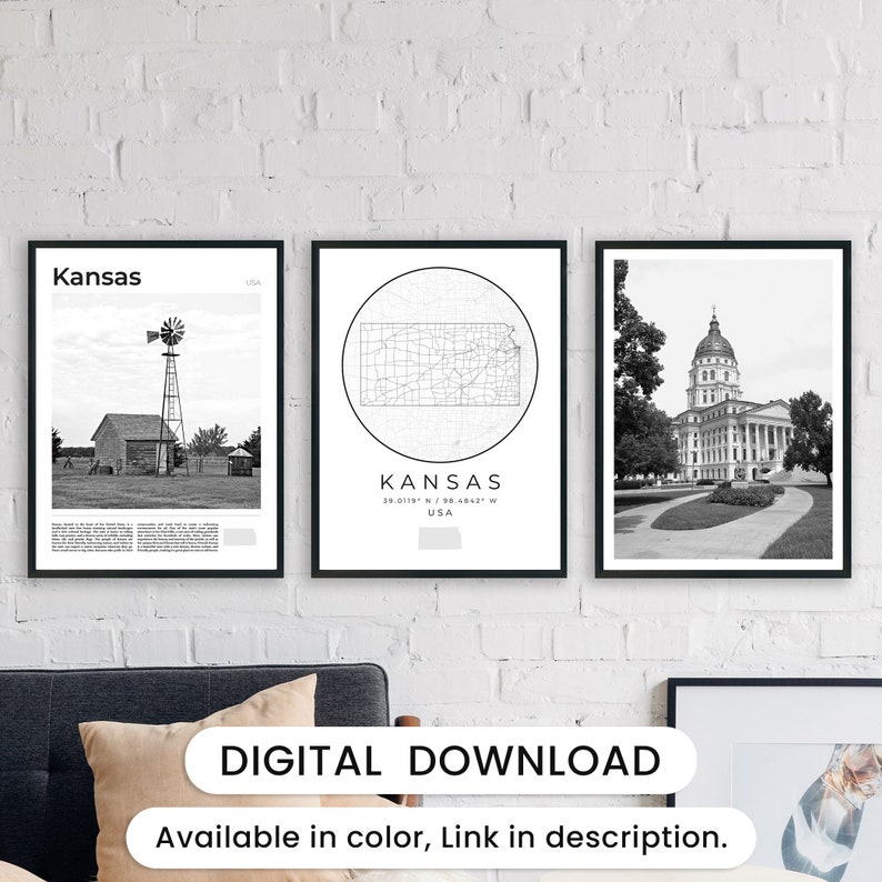 Digital Kansas Black and White Print Set of 3, Kansas Map Art, Kansas ...
