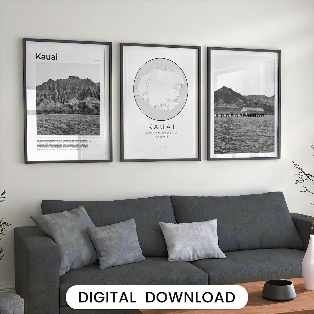 Digital Kauai Black and White Print Set of 3, Kauai Map Decor, Kauai ...