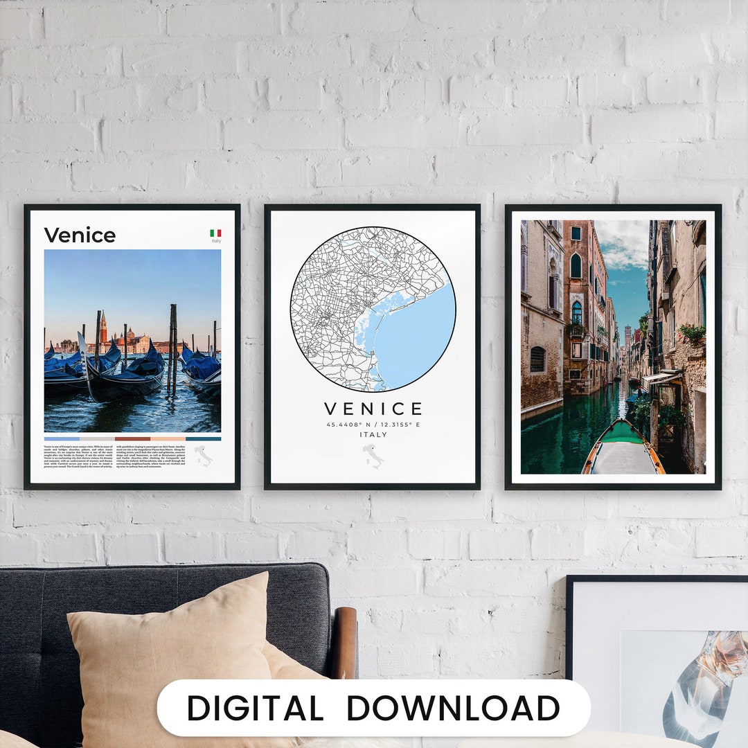 Digital Venice Poster Set of 3 Wall Art, Venice City Map, Venice Print ...