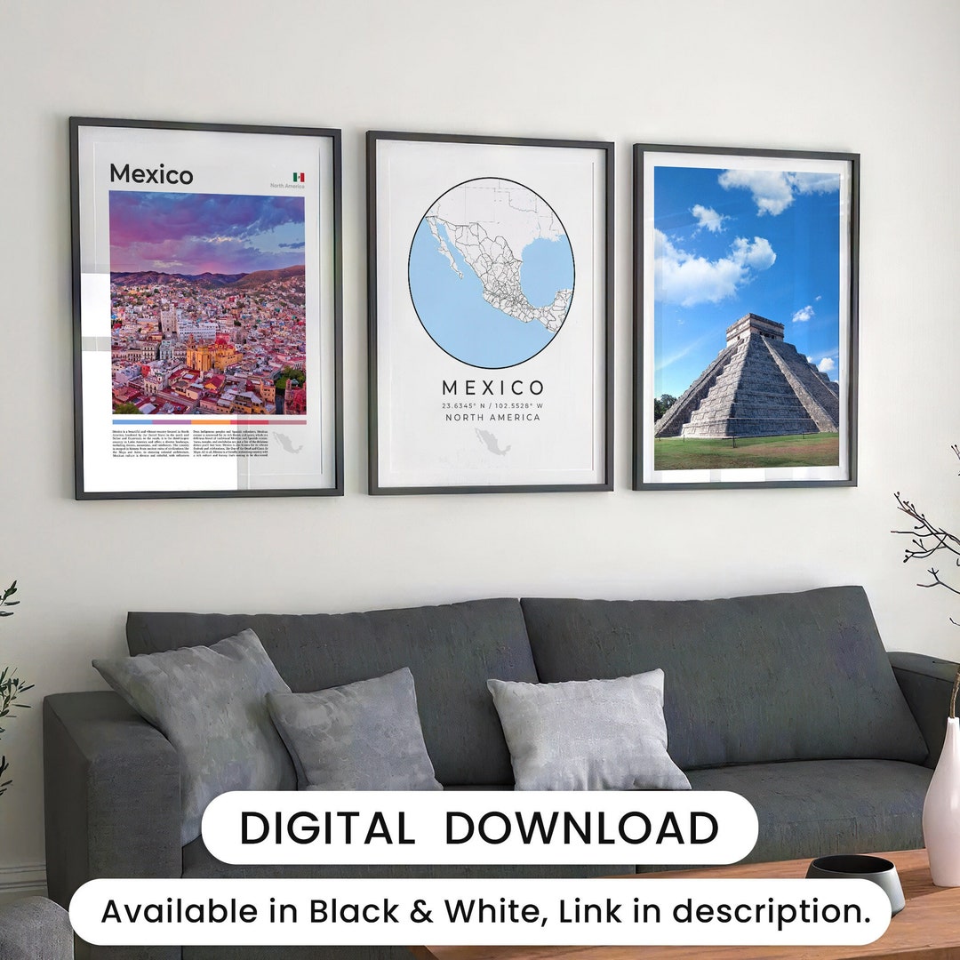 Digital Mexico Poster Set of 3, Mexican Print, Mexico Map Art, Mexico ...