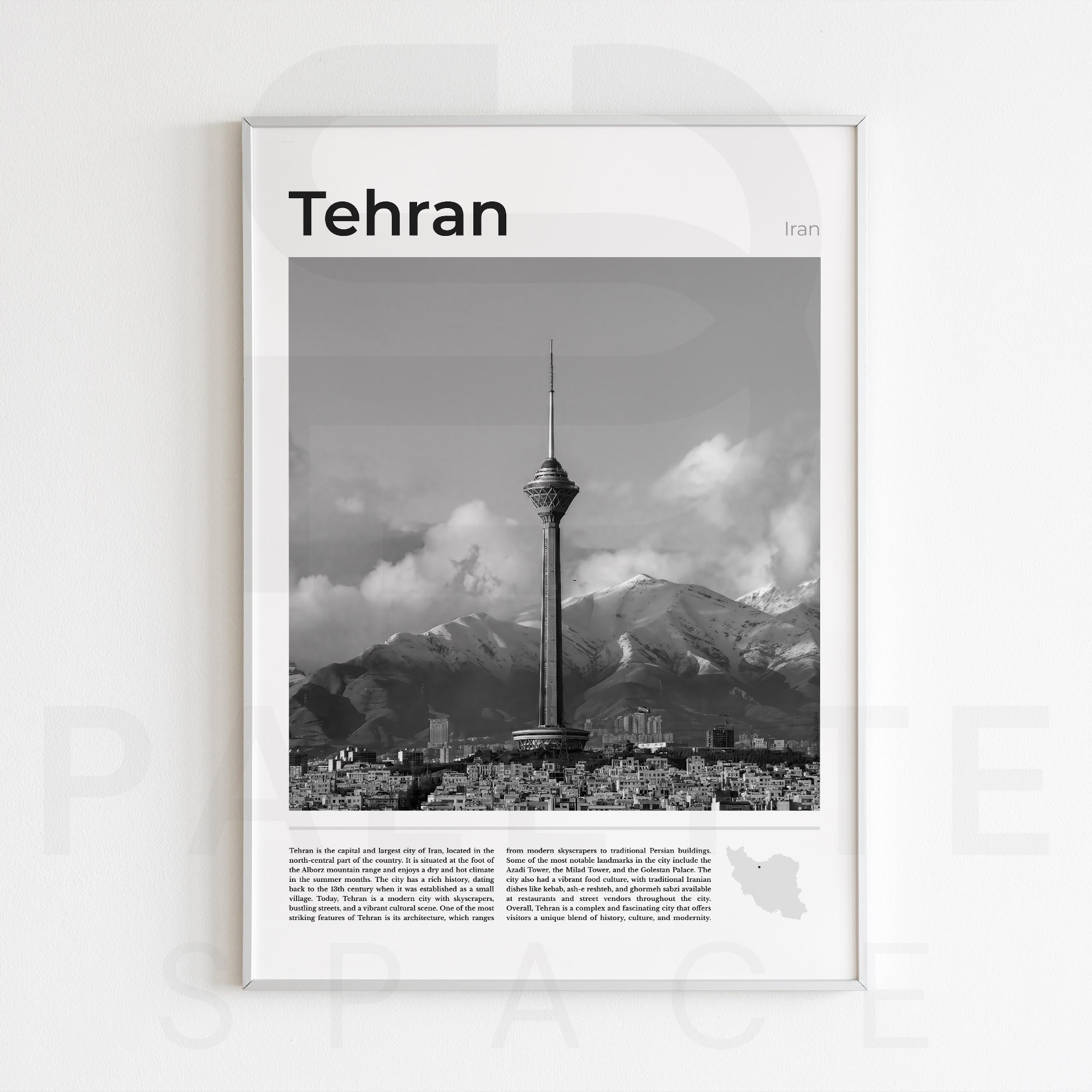 Digital Tehran Black and White Print Set of 3, Tehran Map Wall Art ...