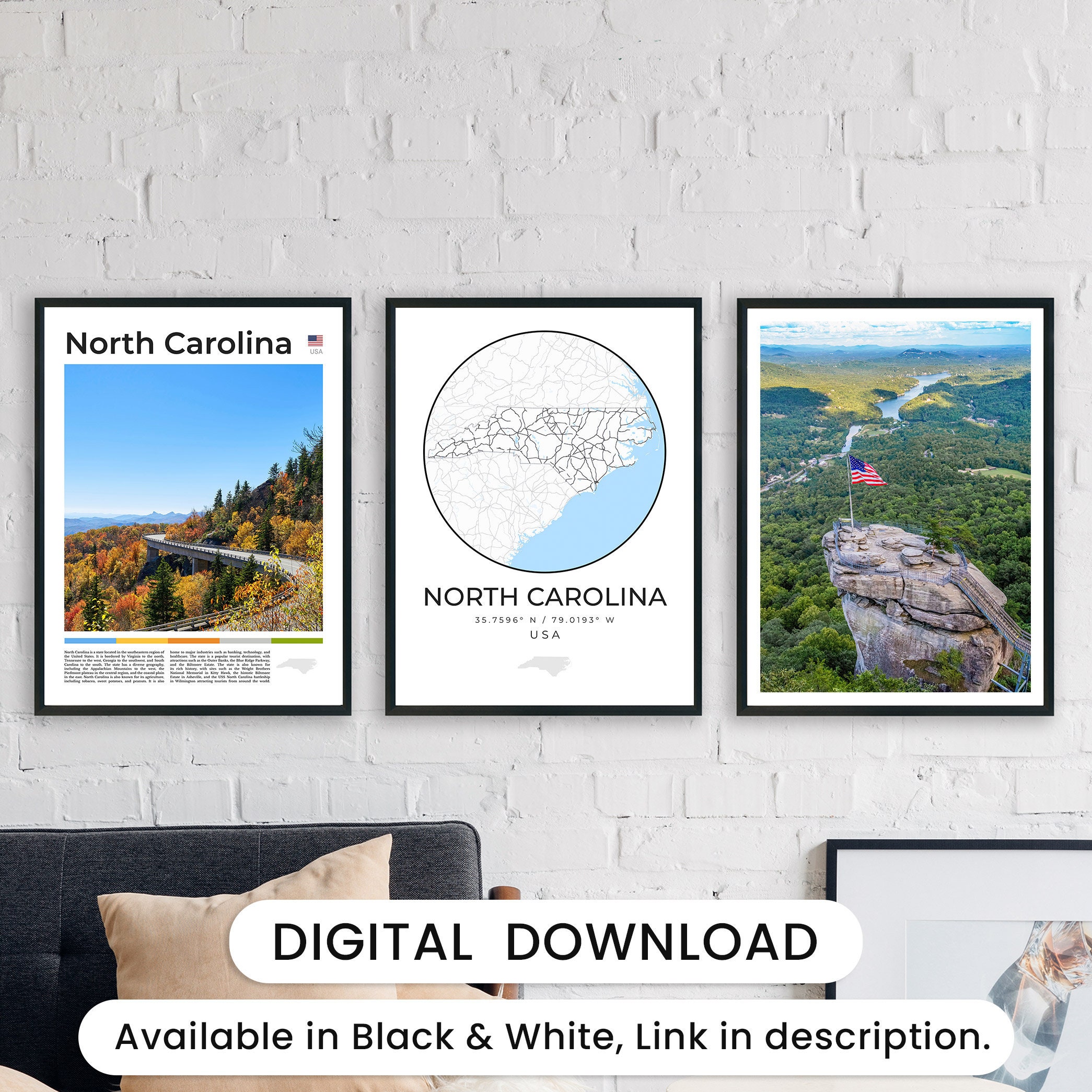 Digital North Carolina Print Set of 3, North Carolina Map Art, North ...
