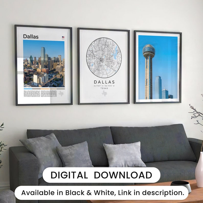 Digital Dallas Texas Print Set of 3, Dallas Texas Map, Dallas Wall Art ...