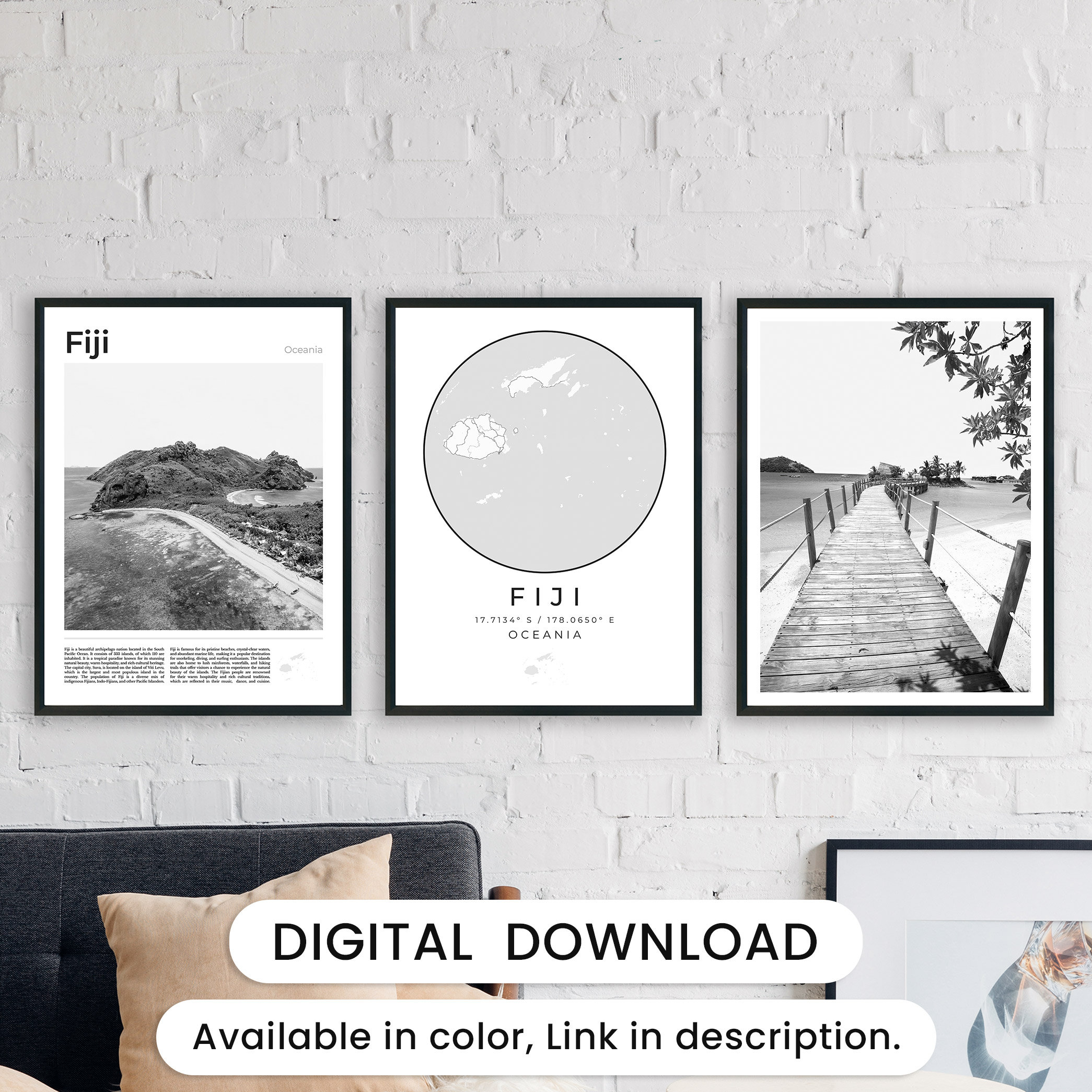 Digital Fiji Black and White Print Set of 3, Fiji Map, Fiji Poster ...
