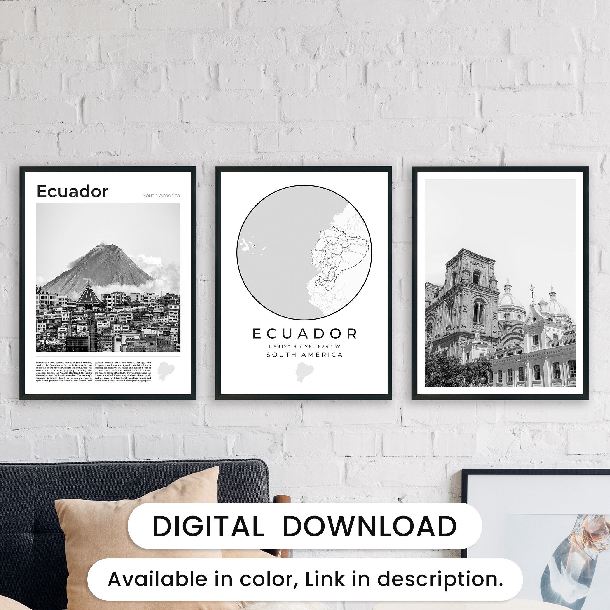 Digital Ecuador Black and White Print Set of 3, Ecuador Map, Ecuador ...