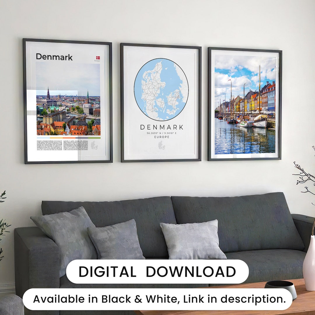 Digital Denmark Print Set of 3, Denmark Map Art, Denmark Poster ...