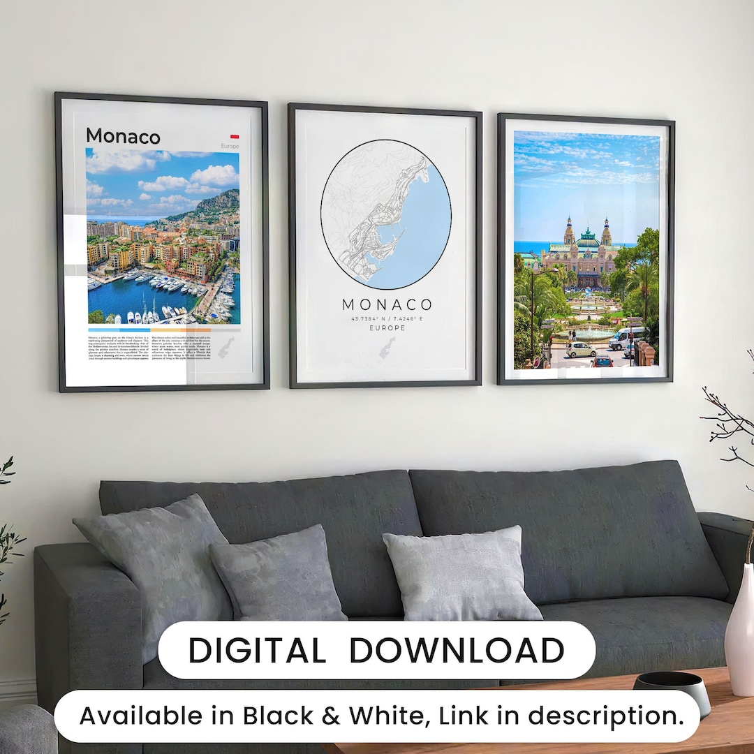 Digital Monaco Print Set of 3, Monaco Map, Monaco Poster, Monaco Wall ...