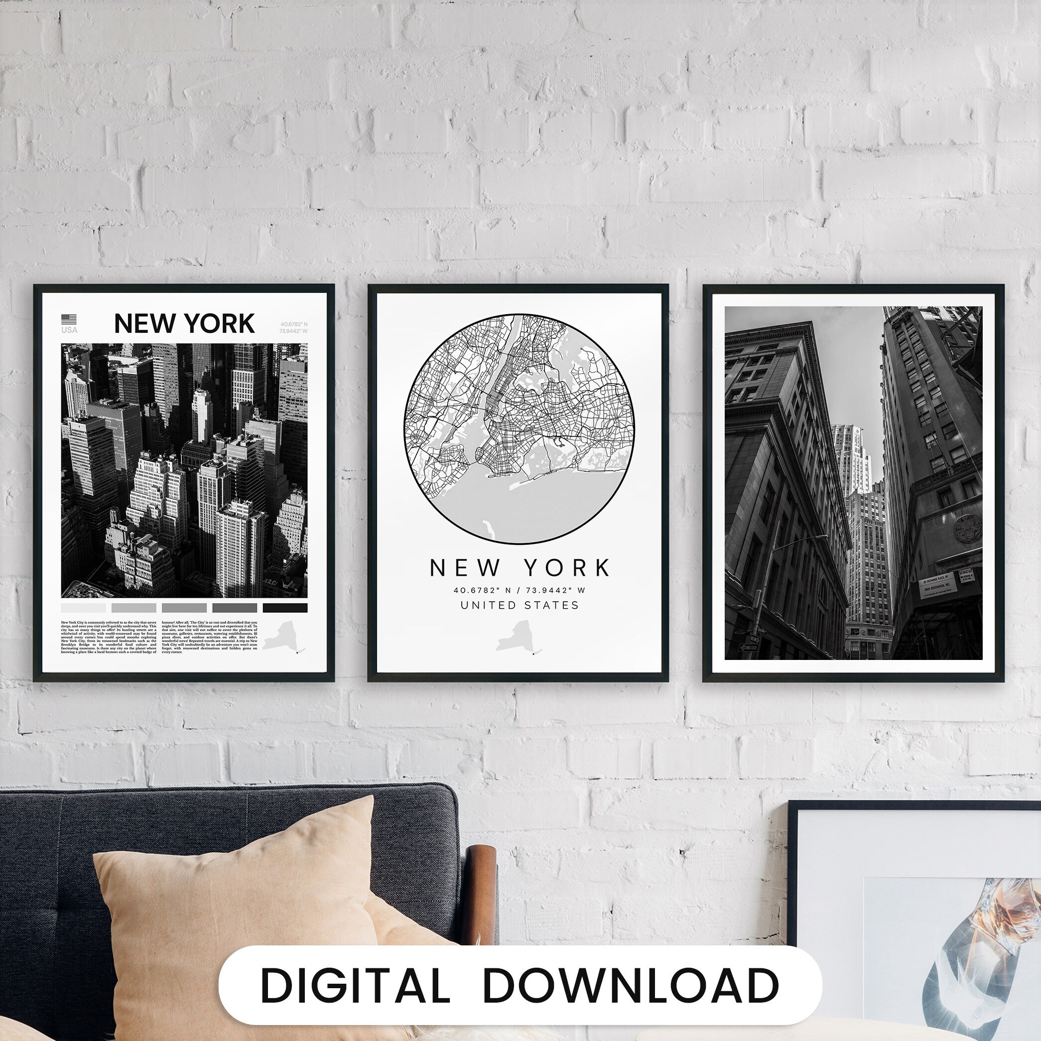 Digital New York City Print, New York Black and White Skyline, New York ...