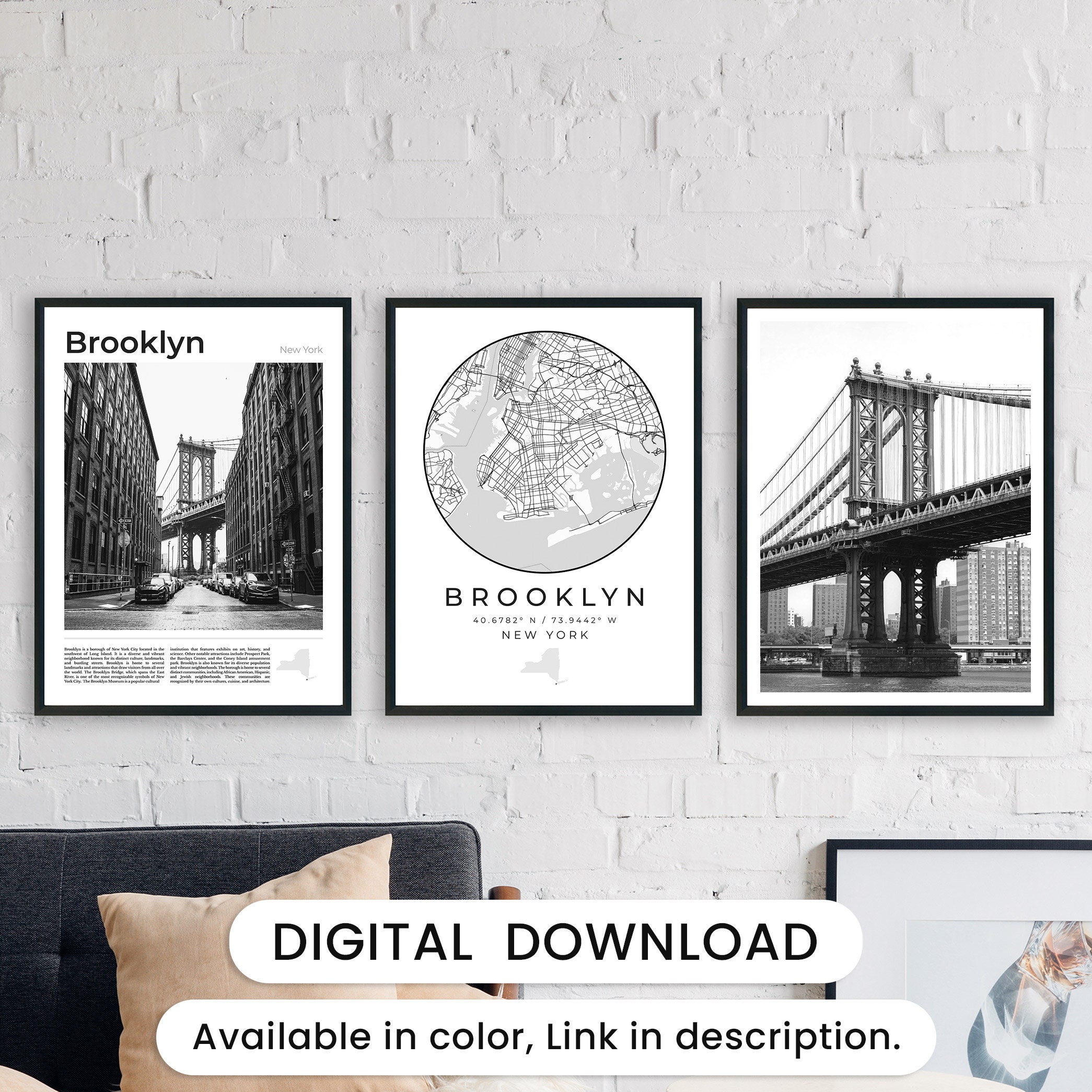 Digital Brooklyn Black and White Print Set of 3, Brooklyn Map, Brooklyn ...