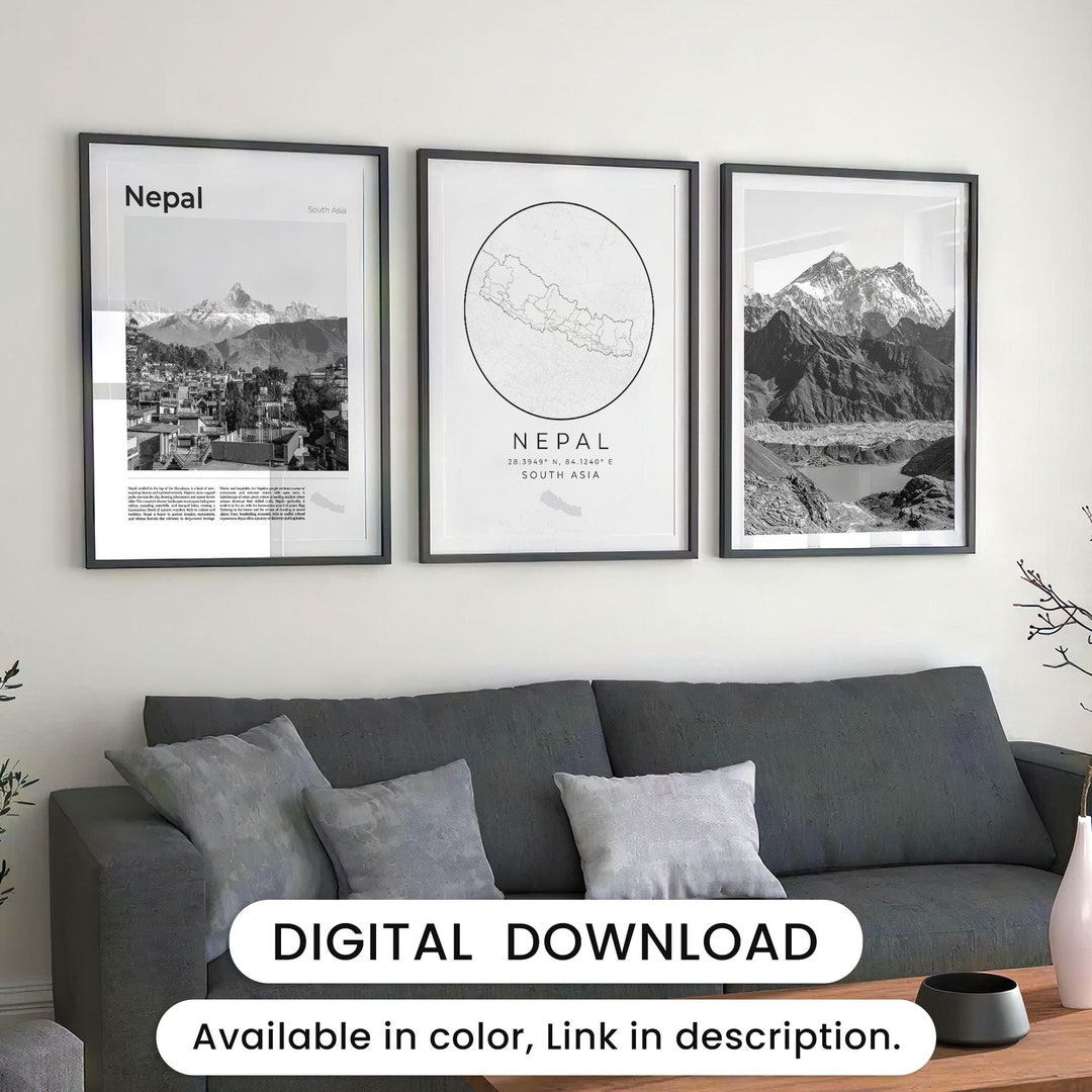 Digital Nepal Black and White Print Set of 3, Nepal Map, Nepal Poster ...