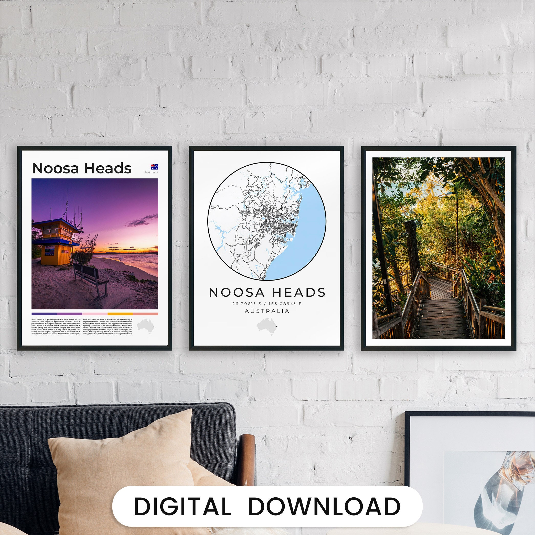 Digital Noosa Heads Poster Set of 3, Noosa Heads Map Art, Noosa Heads ...