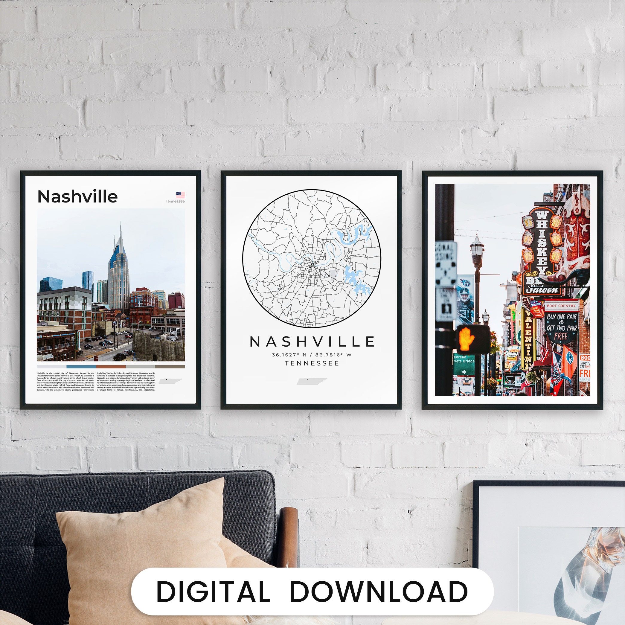 Digital Nashville Print Set of 3, Nashville Map Art, Nashville City ...