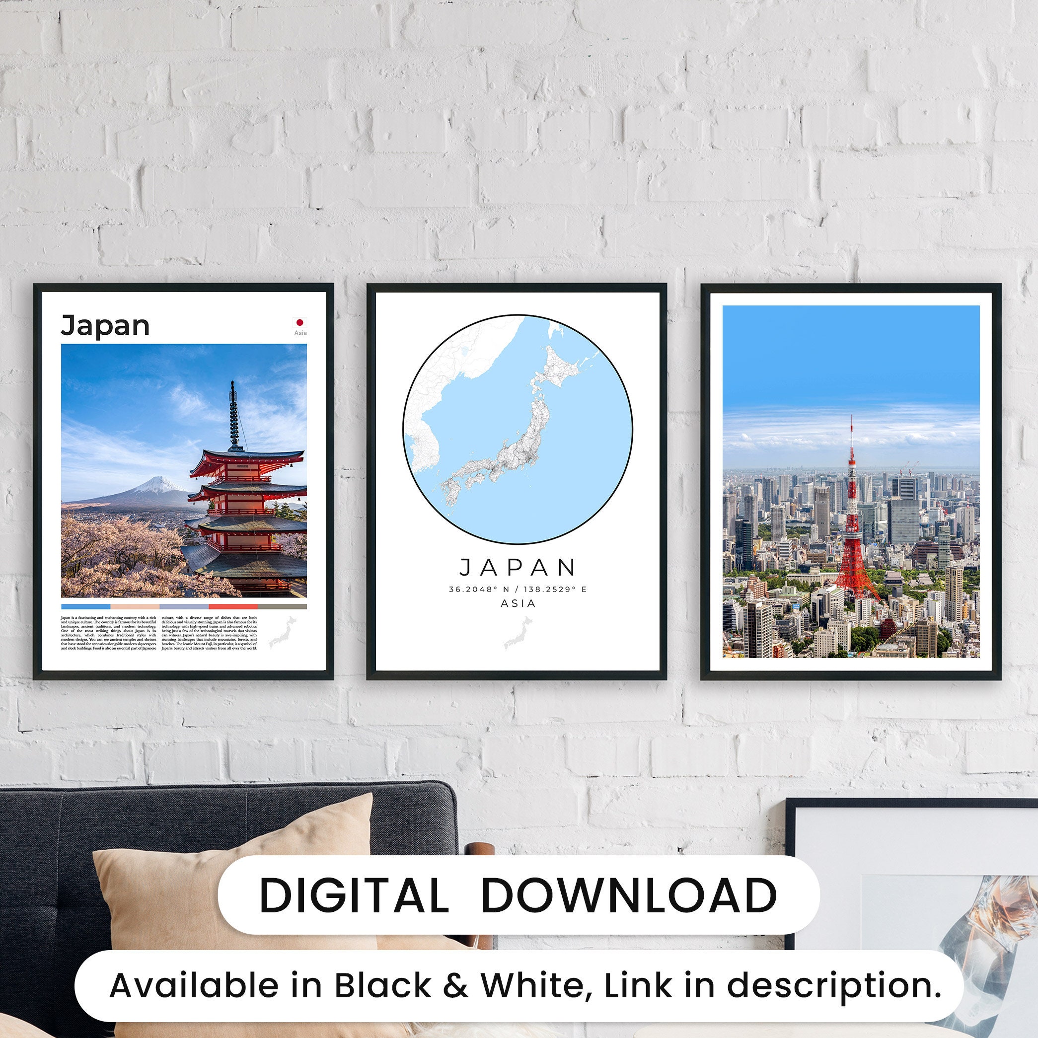 Digital Japan Print Set of 3, Japan Map Art, Japan Poster Print, Japan ...