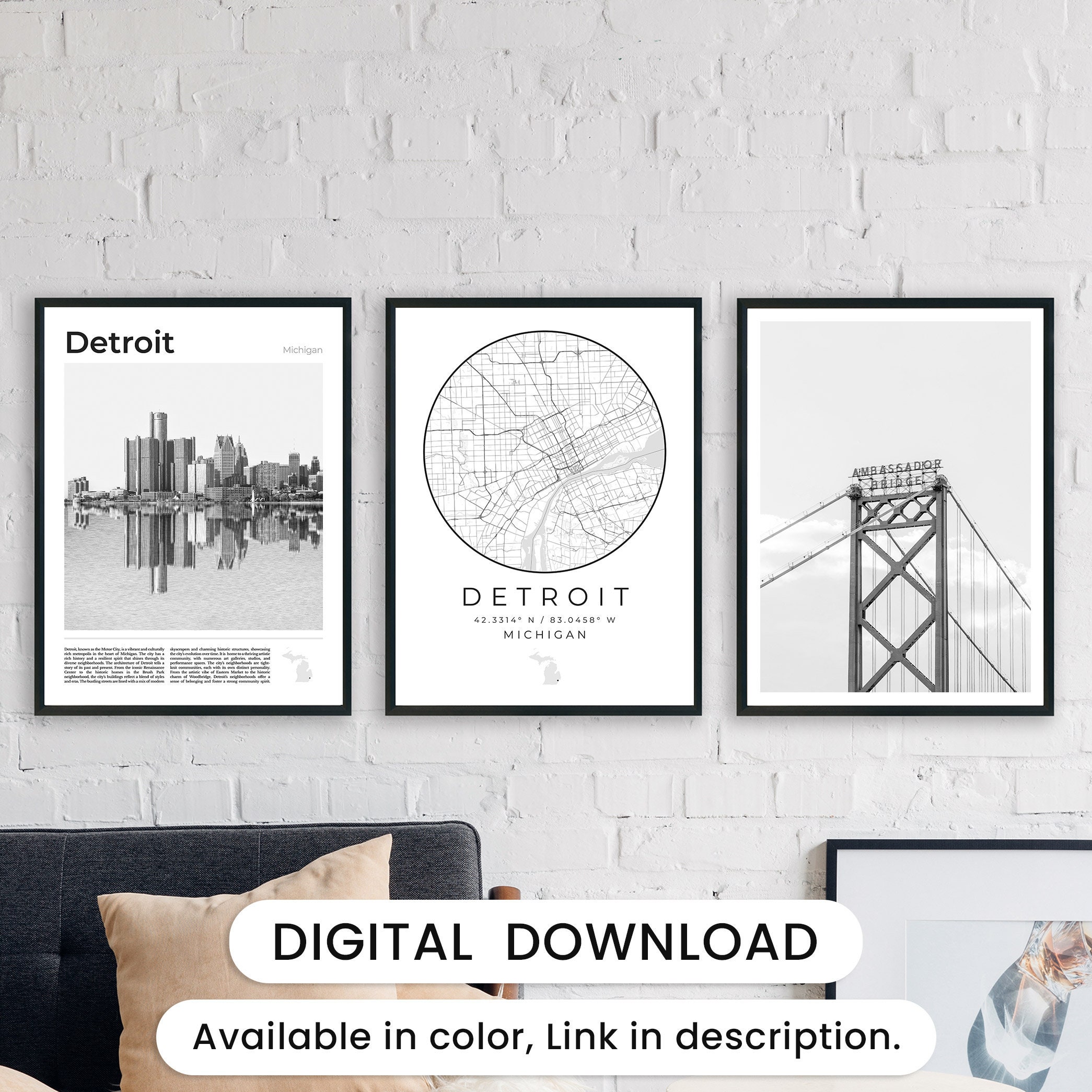 Digital Detroit Black and White Prints Set of 3, Detroit Map Art, Detroit Poster, Detroit Wall ...