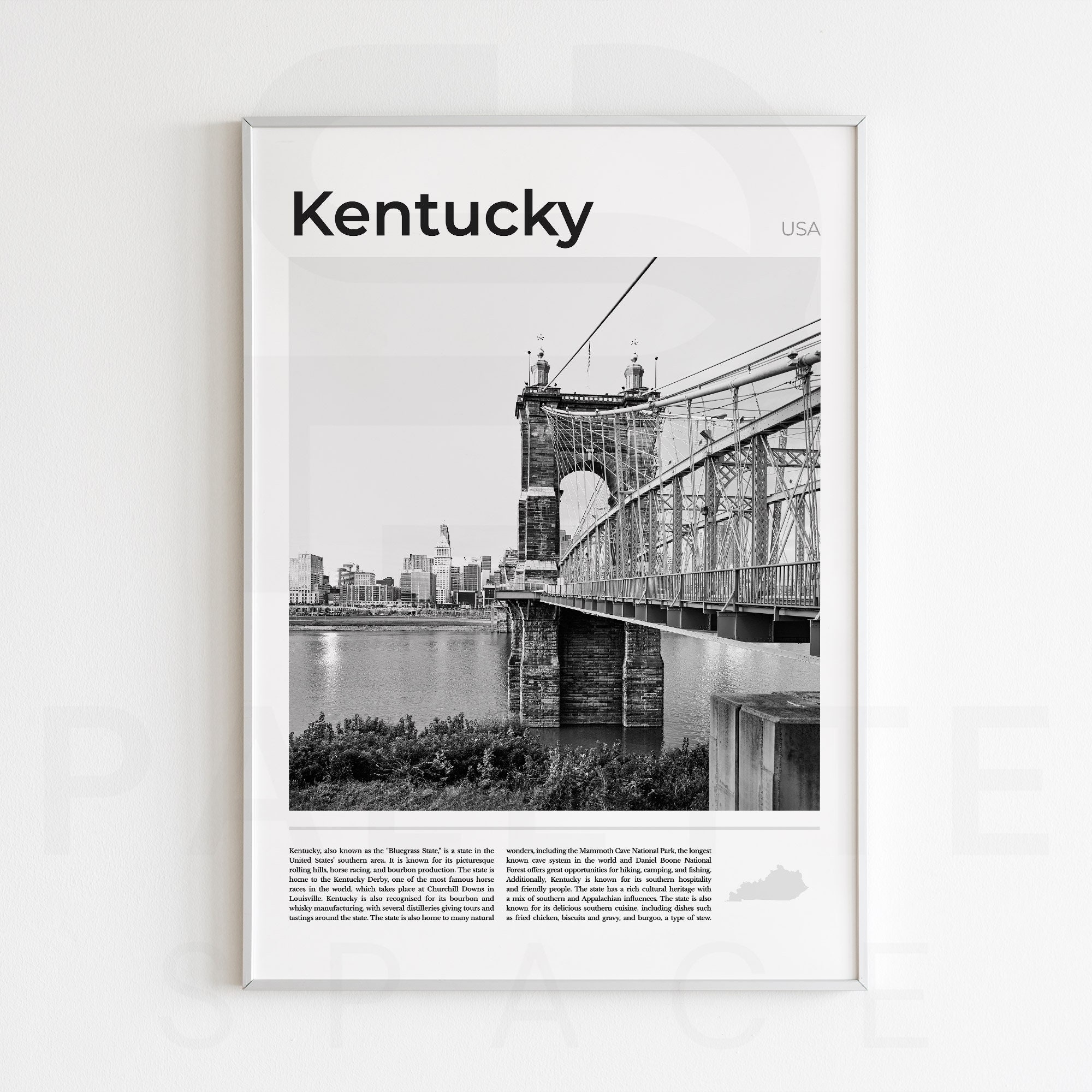 Digital Kentucky Black and White Print Set of 3, Kentucky Map, Kentucky ...