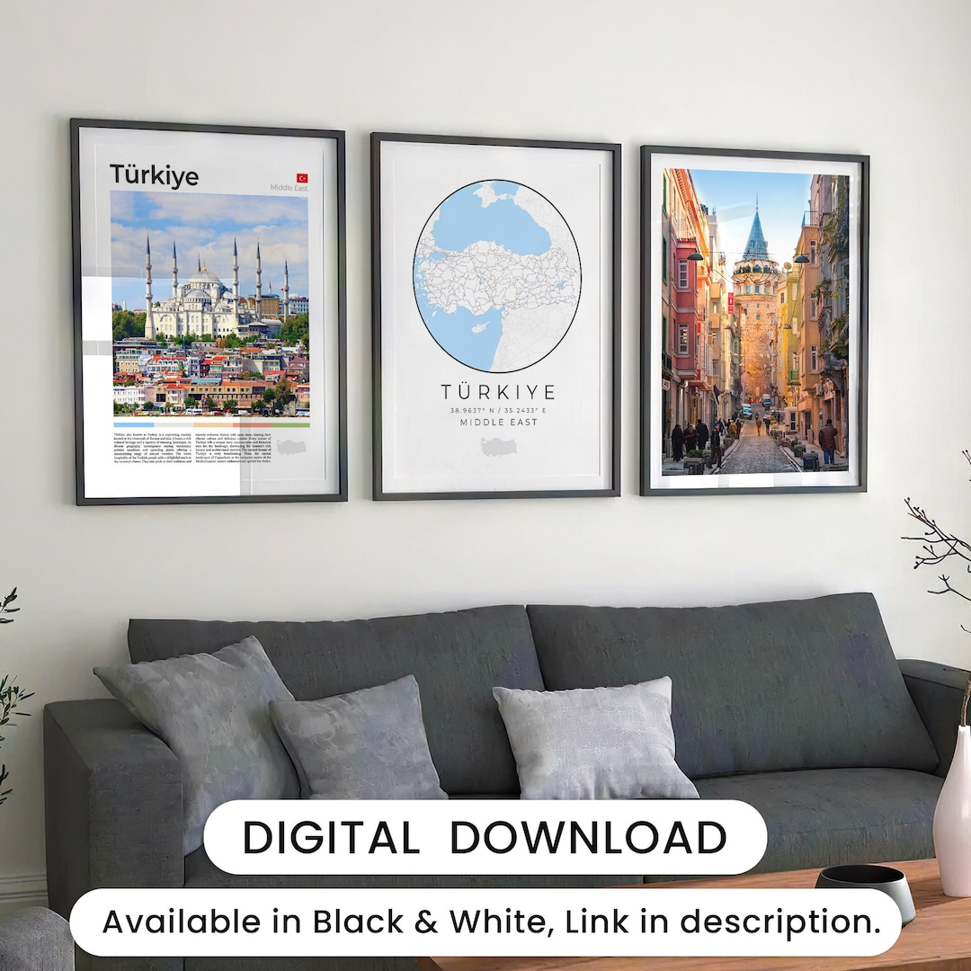 Digital Turkey Print Set of 3, Turkey Map Art, Turkey Poster, Turkey ...