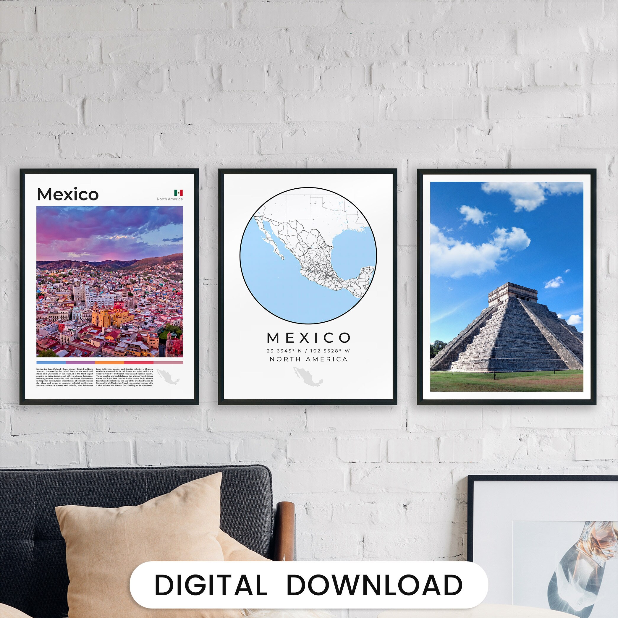 Digital Mexico Poster Set of 3, Mexican Print, Mexico Map Art, Mexico ...
