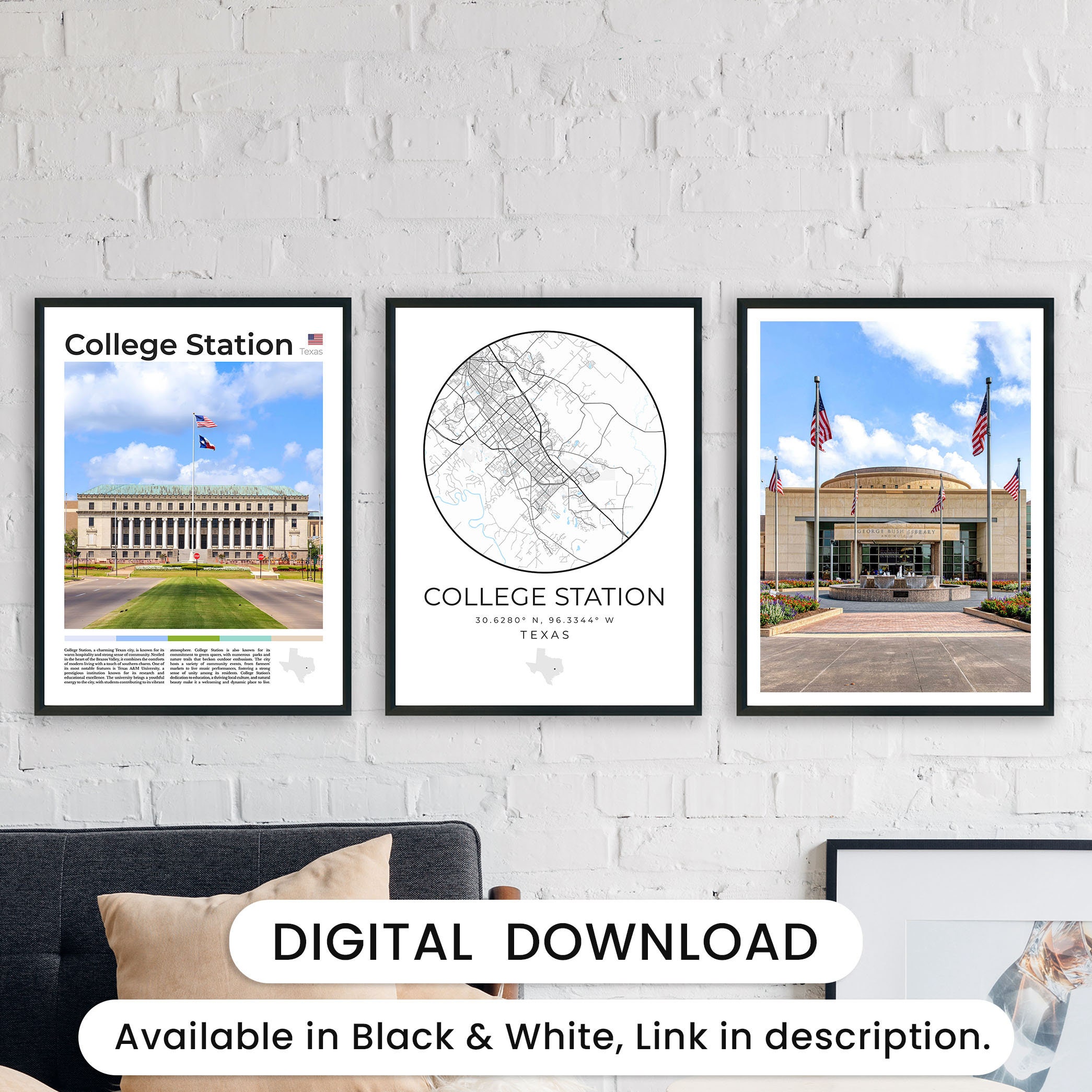 Digital College Station Print Set of 3, College Station Map Decor ...