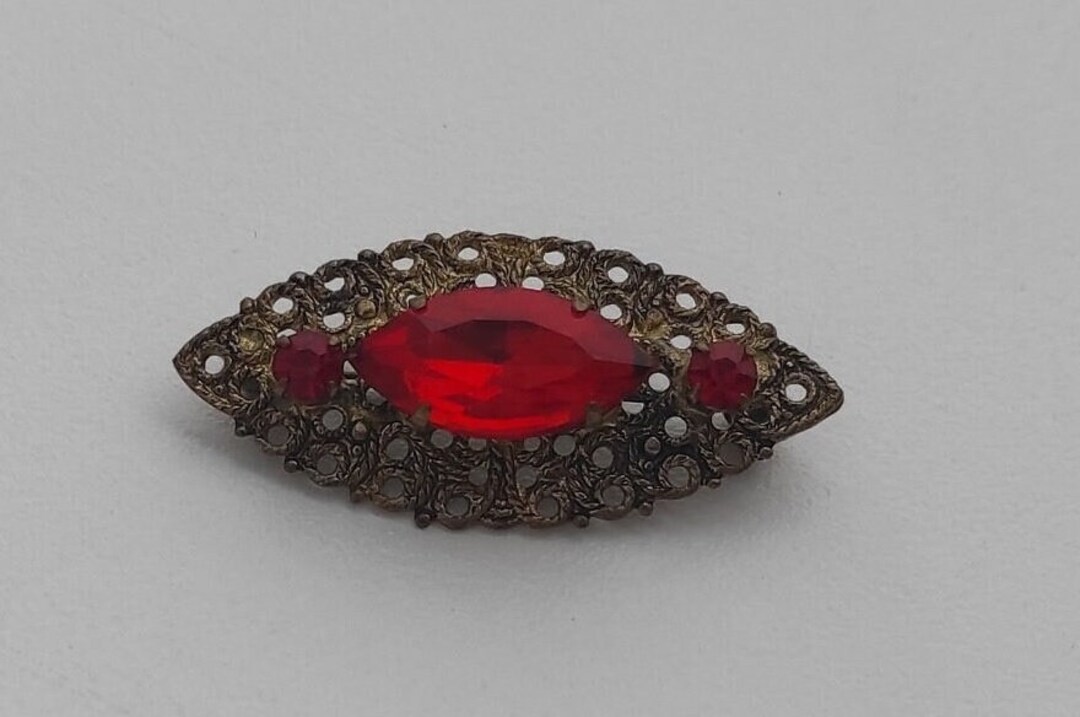 Vintage Czech Brooch Diamond Shape Red Rhinestone Luxury Gorgeus Medium ...