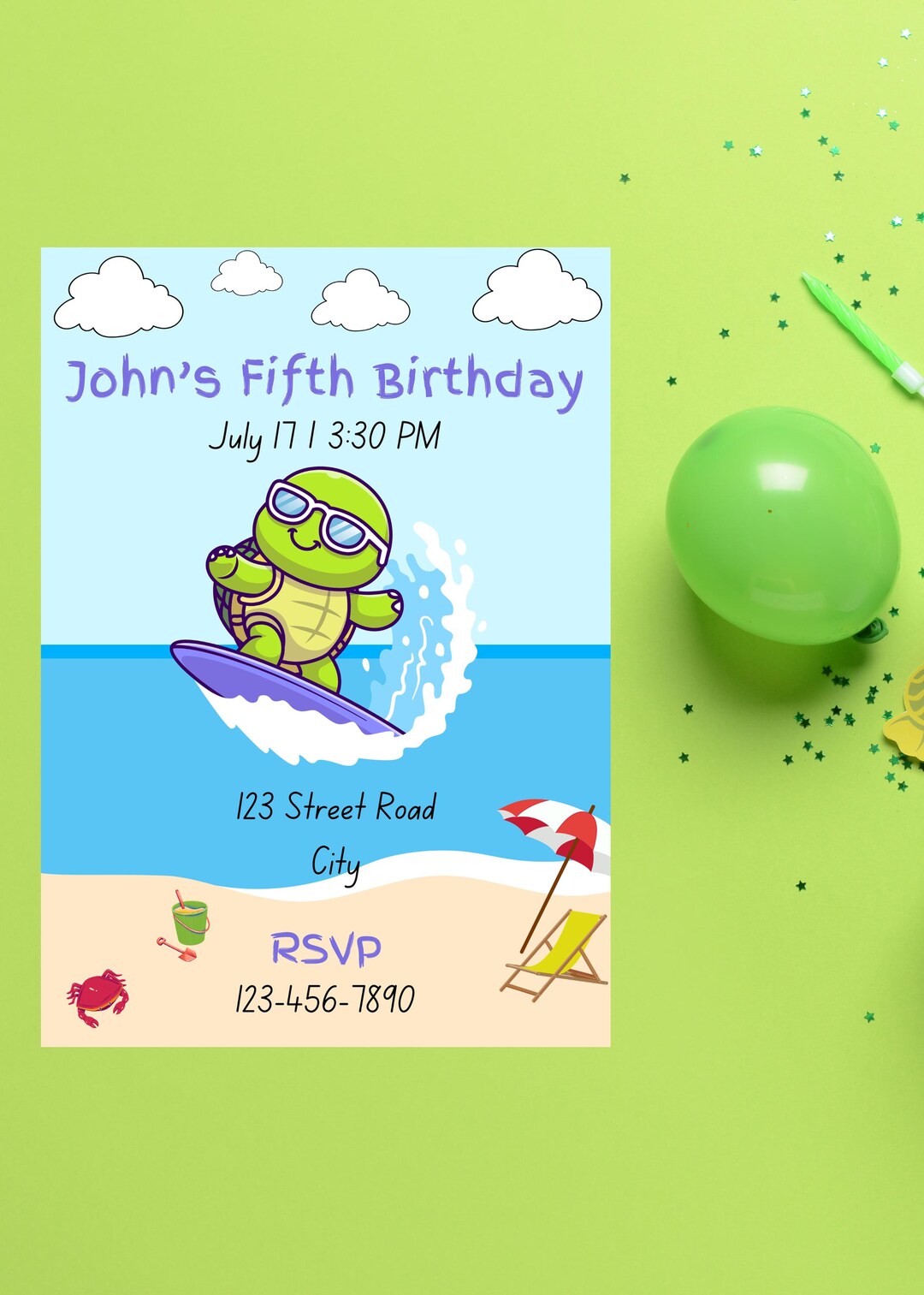 Editable Turtle Birthday Card Template: Beach Party Theme (digital ...