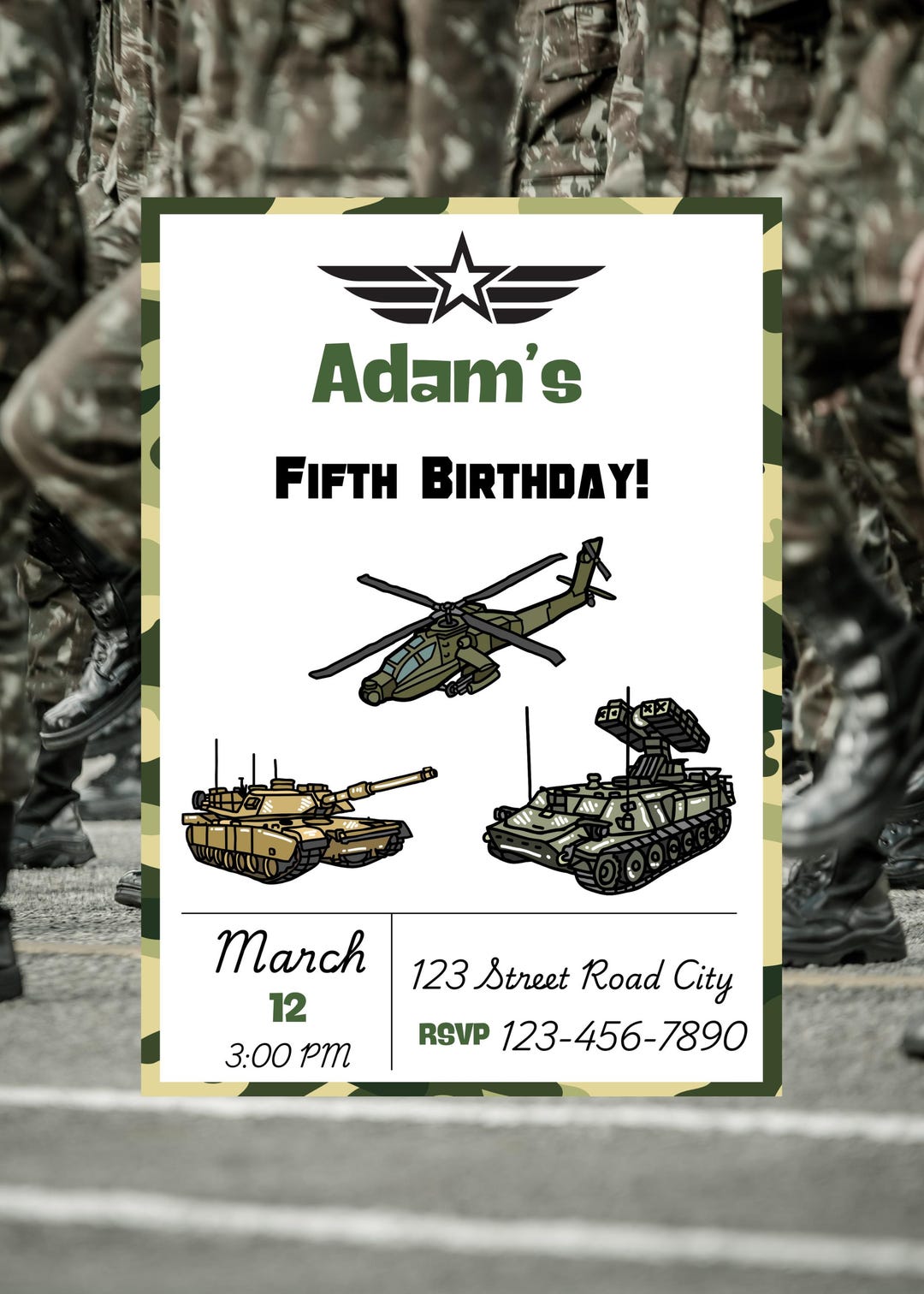 Army Birthday Invitation: Camouflage, Tanks, Editable Canva Template ...