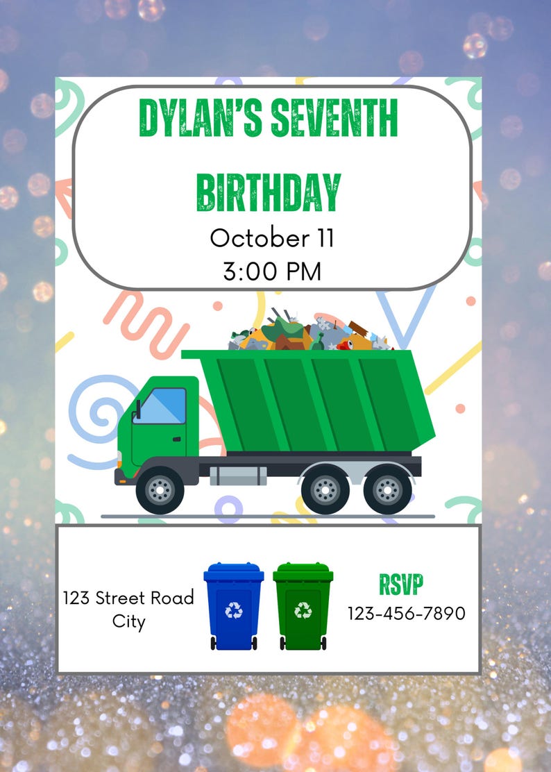 Garbage Truck Birthday Invitation: Animated Green Truck (canva Template ...
