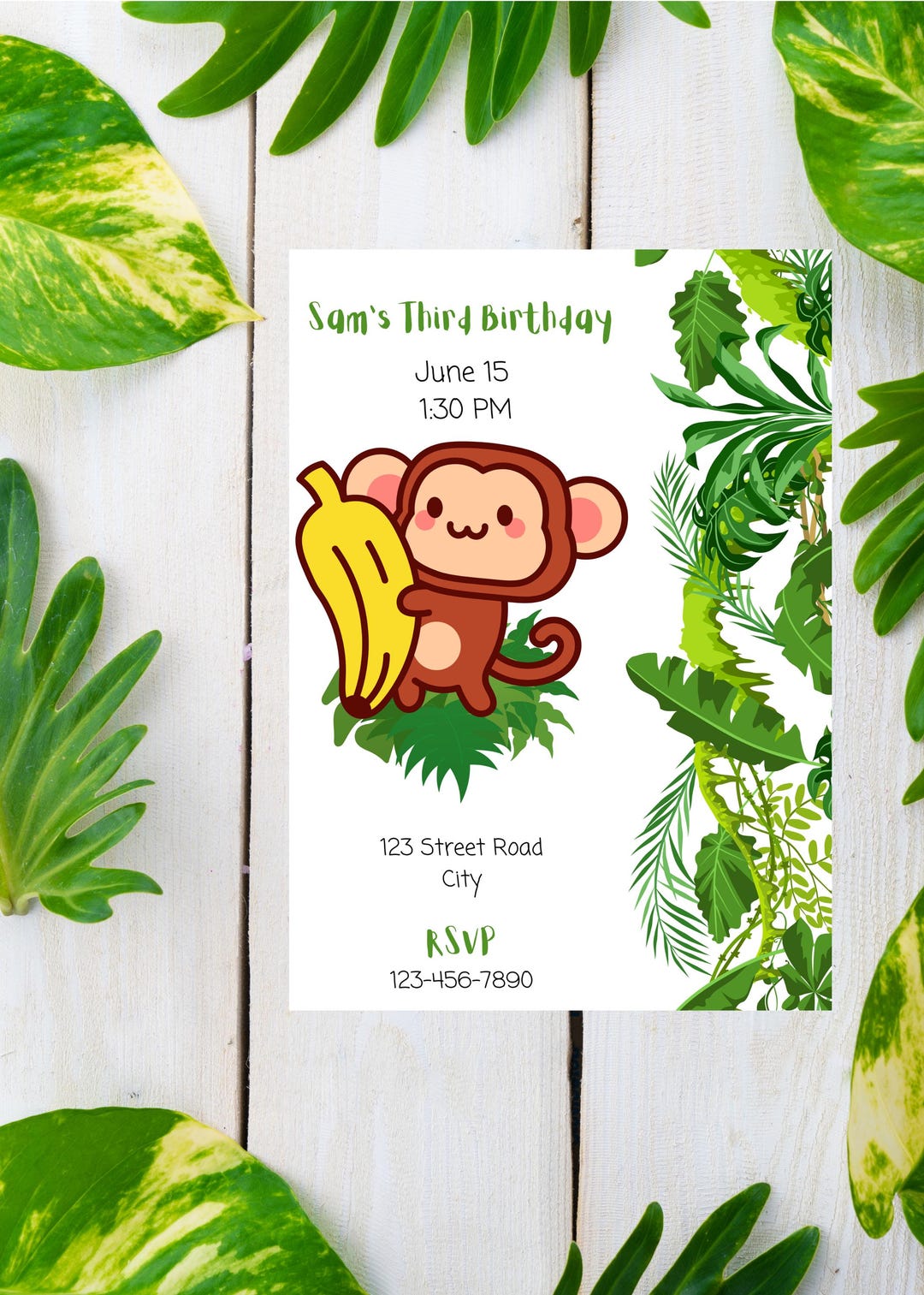 Monkey Jungle Birthday Card Template: Customizable Kids Party (digital ...