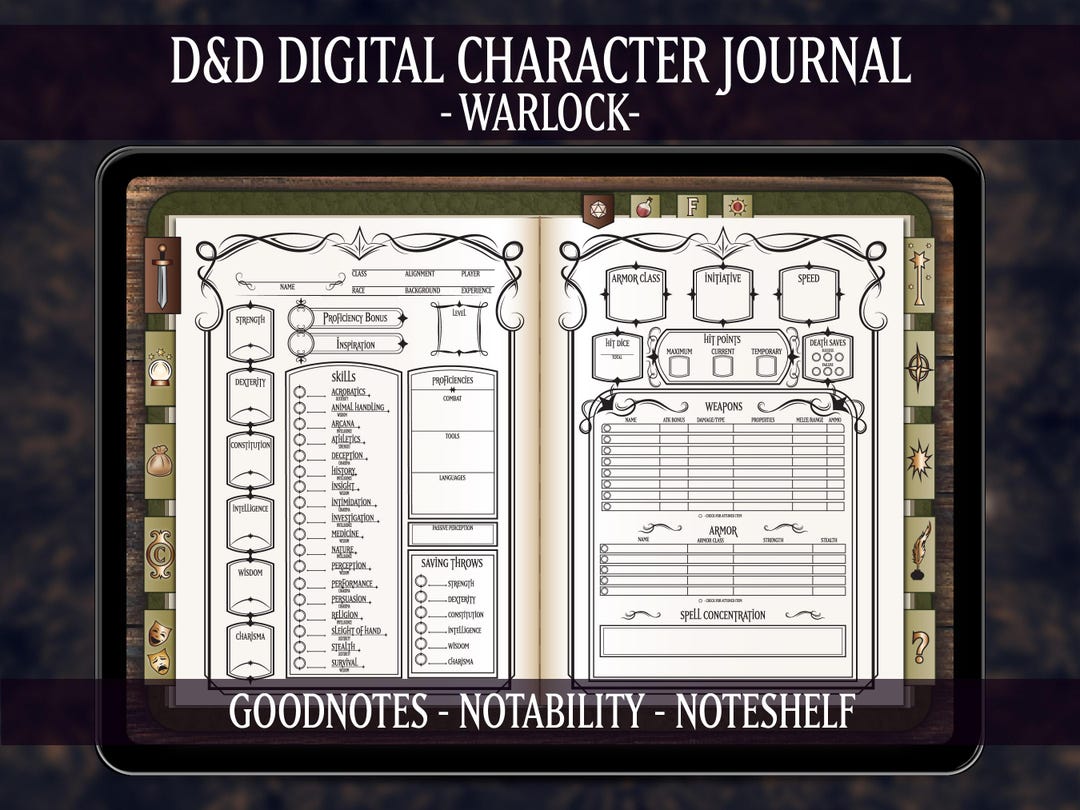DND Warlock Digital Character Journal, Dungeons and Dragons 5e, Spell ...