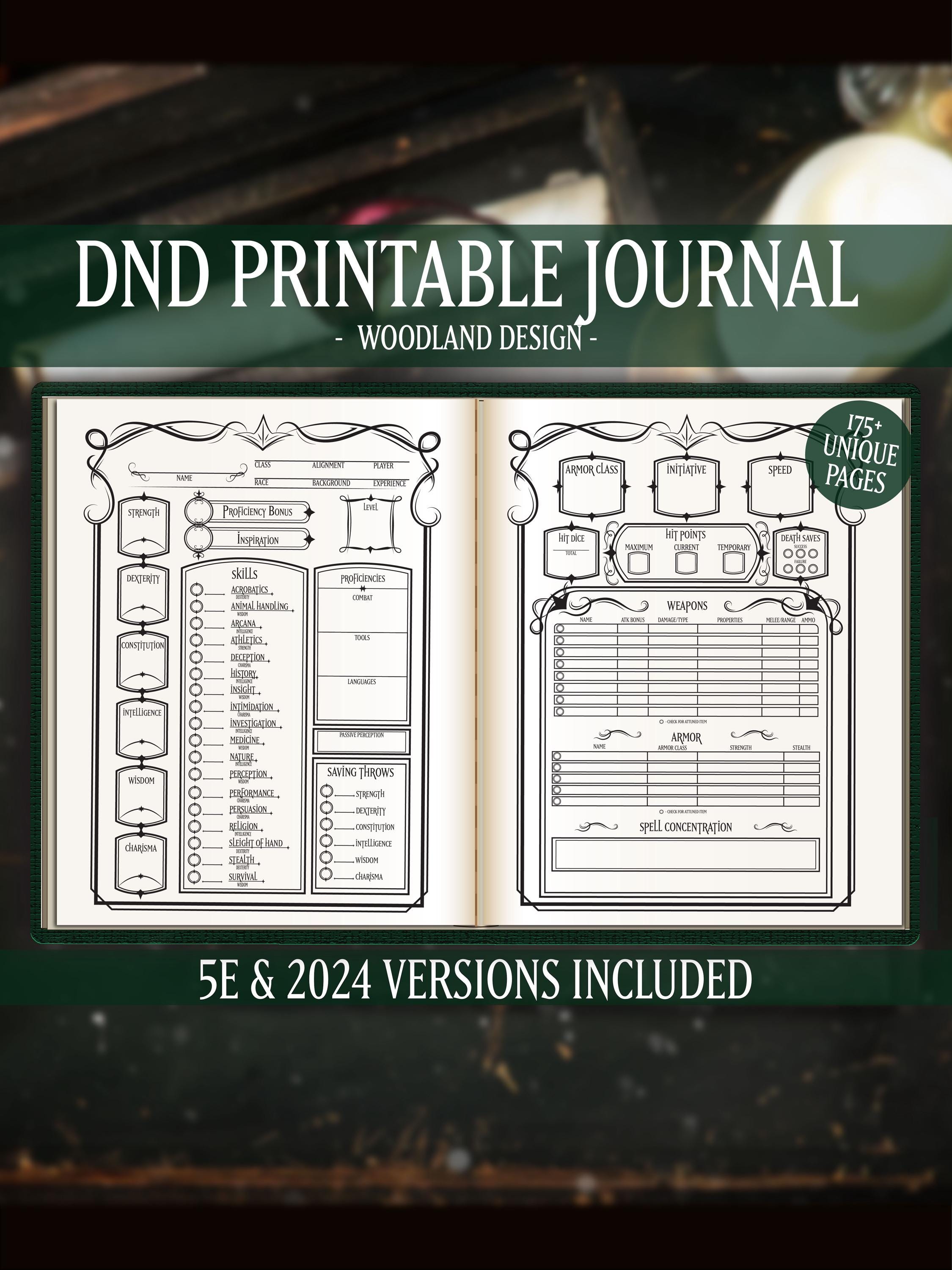 DND Printable Journal, 5e + 2024, PDF Download: Woodland Elven Design ...
