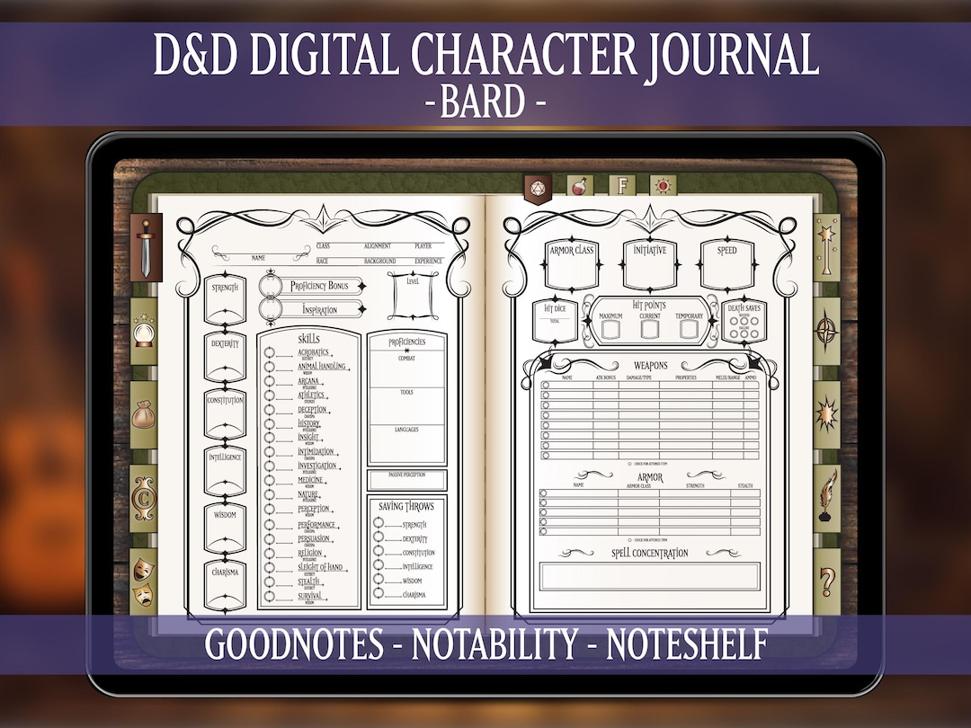 DND Bard Digital Journal 5e 2024: Spell Cards & Character Sheet (PDF ...