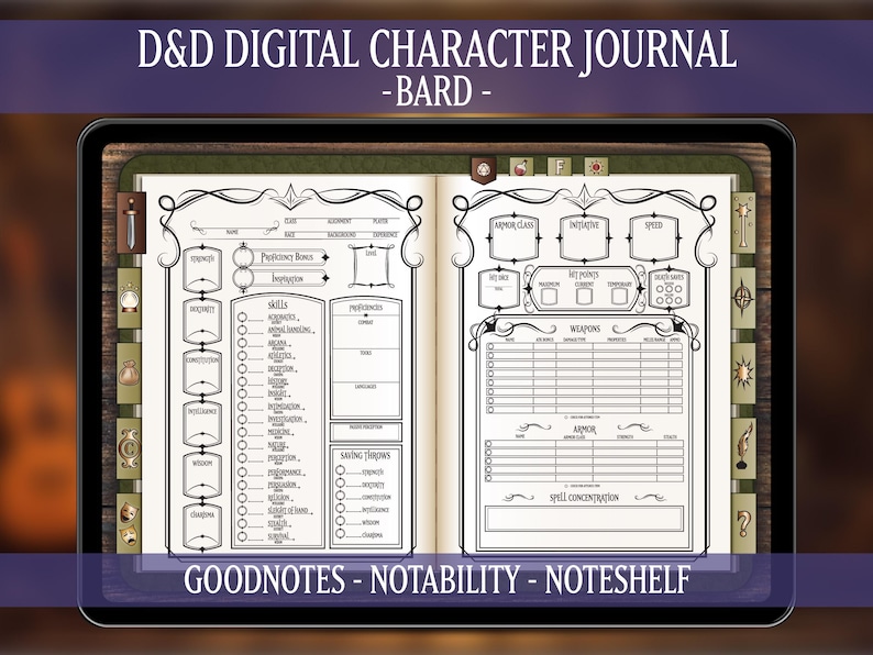 DND Bard Digital Journal 5e 2024: Spell Cards & Character Sheet (PDF ...
