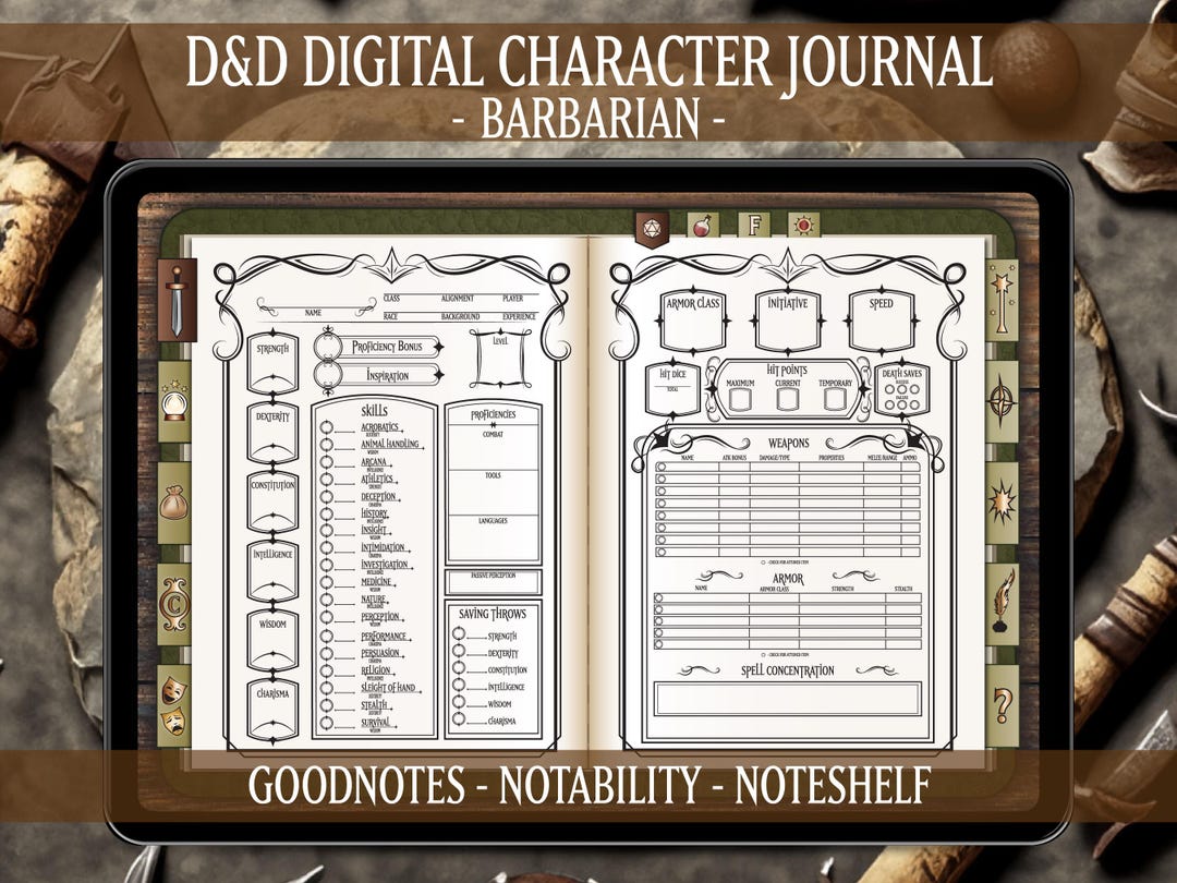 DND Barbarian Digital Journal 5e: Character Sheet & Spell Cards (PDF ...